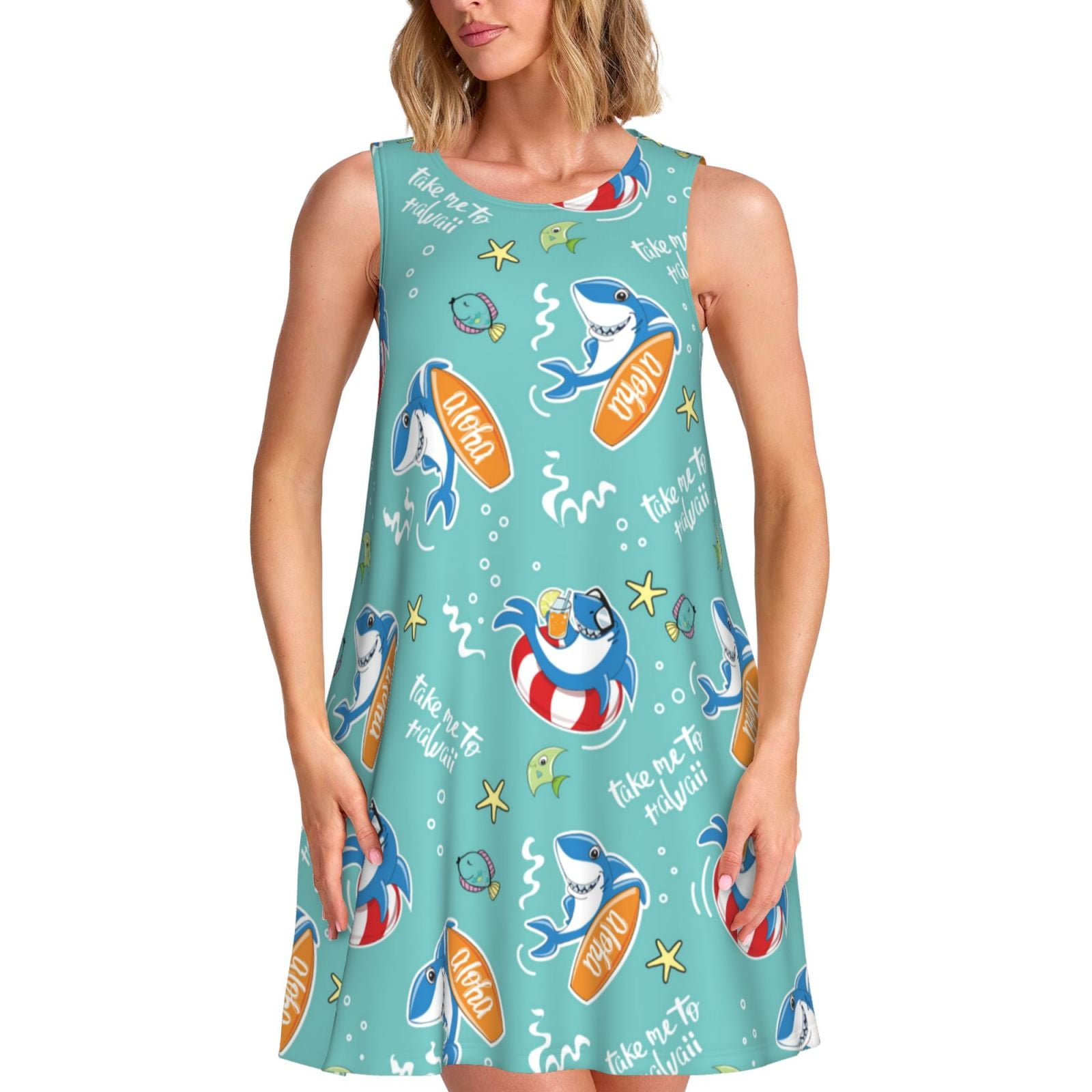 Spring Summer Dresses for Women 2025 - Funny Cartoon Sharks Beach ...