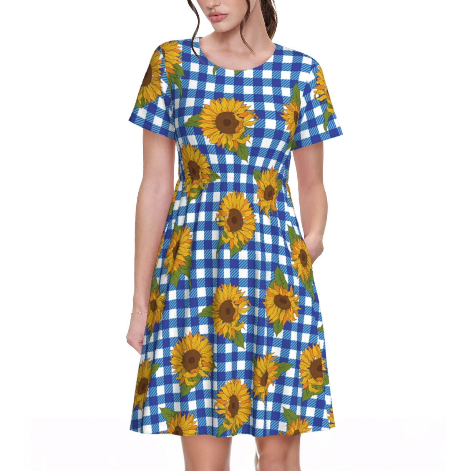 Spring Summer Dresses for Women 2025 - Sunflowers Blue Plaid Wedding ...