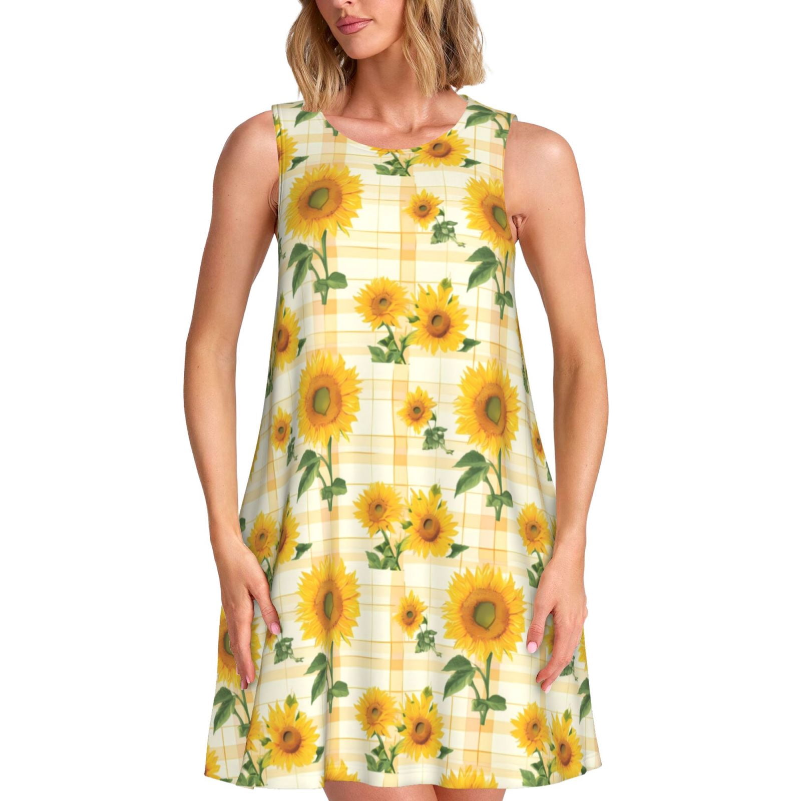 Spring Summer Dresses for Women 2025 - Yellow White Plaid Sunflower ...