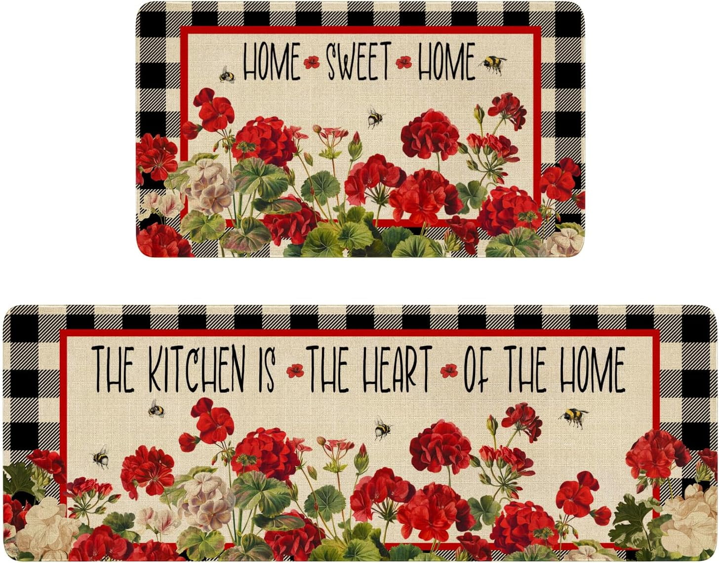 Spring Summer Farmhouse Kitchen Rugs and Mats Set of 2,Geranium Bee Red ...