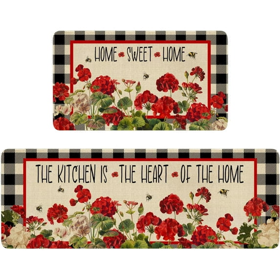 Spring Summer Farmhouse Kitchen Rugs and Mats Set of 2,Geranium Bee Red ...