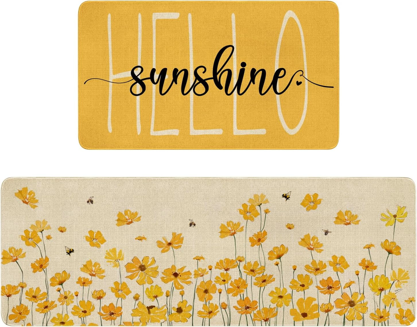 Spring Summer Farmhouse Kitchen Rugs and Mats Set of 2,Yellow Flowers ...