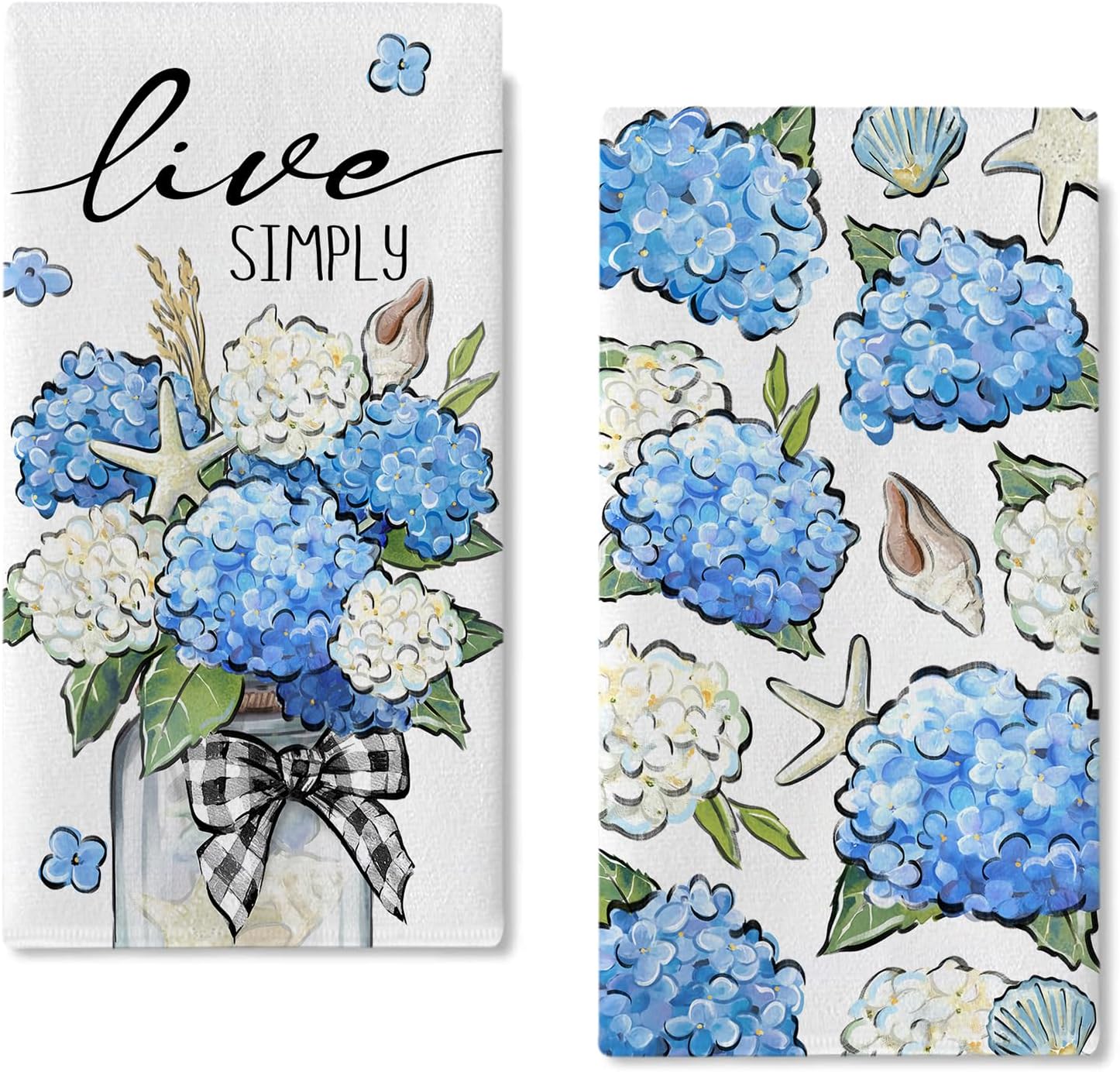 Spring Summer Floral Flower Kitchen Dish Towels Set of 2, Hydrangea ...