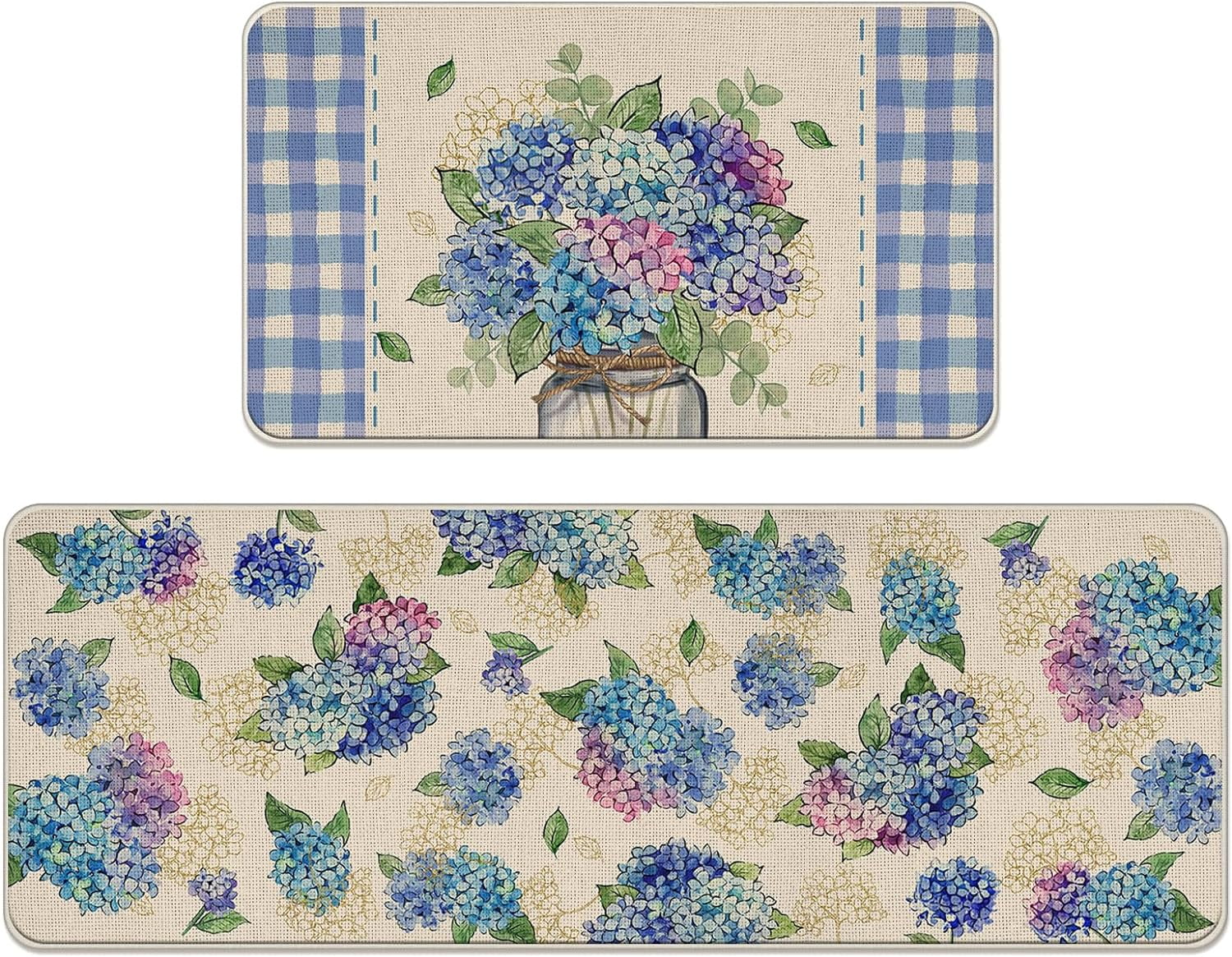 Spring Summer Floral Flower Kitchen Rugs Set of 2, Blue Hydrangea Mason ...