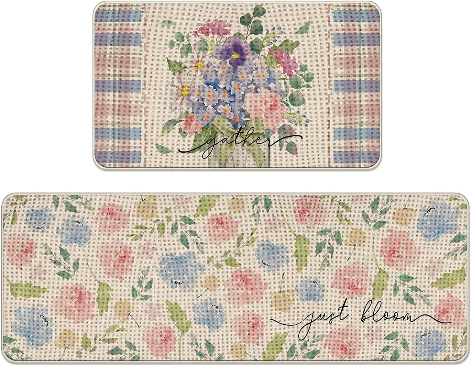 Spring Summer Floral Flower Kitchen Rugs Set of 2, Just Bloom Gather ...