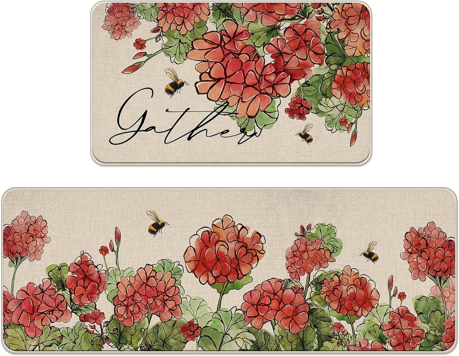 Spring Summer Floral Flower Kitchen Rugs Set of 2, Red Geranium Bee ...