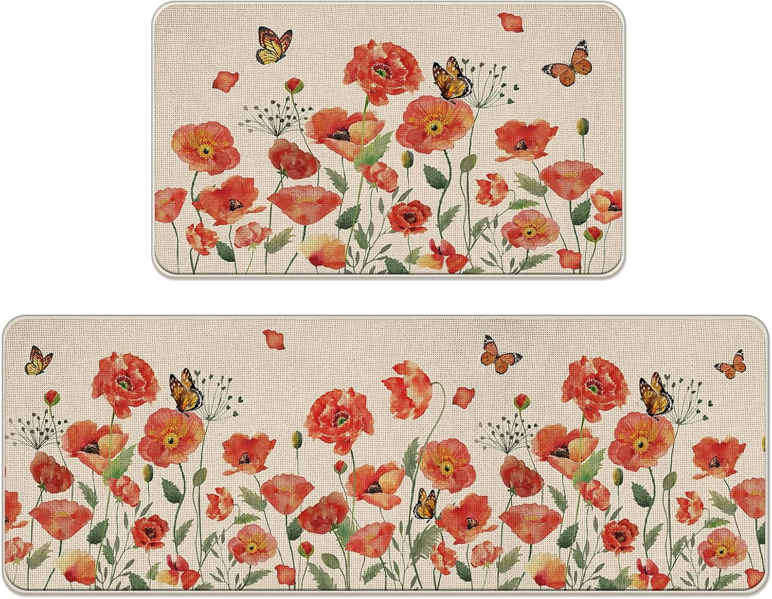 Spring Summer Floral Flower Kitchen Rugs Set of 2, Red Poppy Butterfly ...