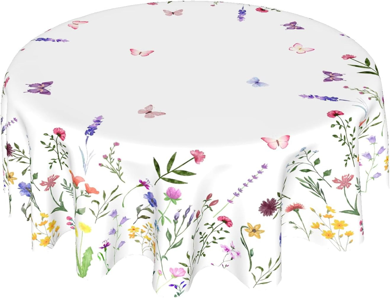 Spring Summer Floral Round Tablecloth 60 Inch Wildflower Leaf Butterfly ...