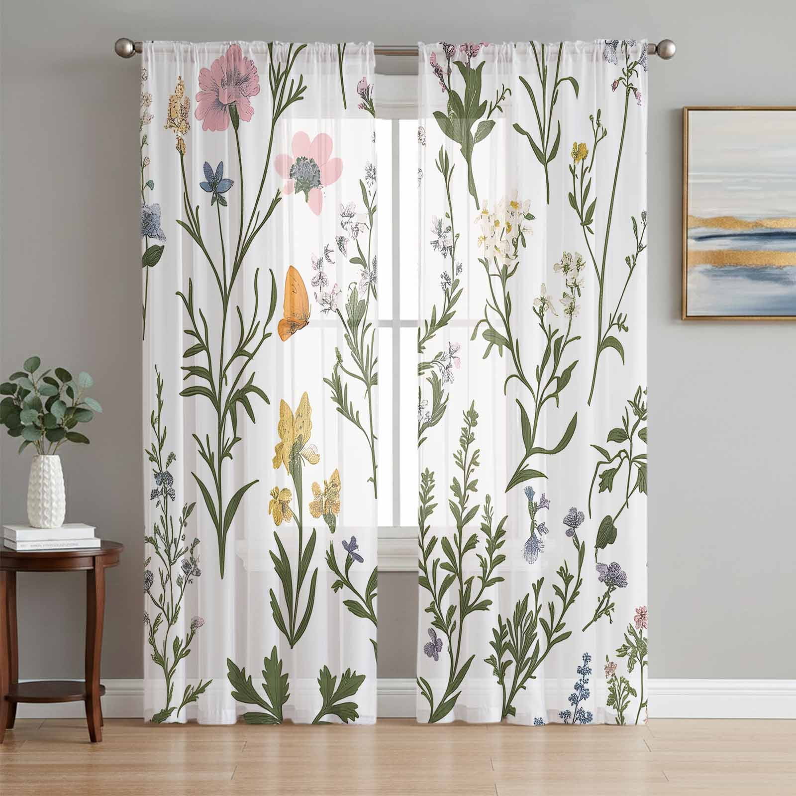 Spring Summer Floral Sheer Curtains 72 Inch Length 2 Panels Set ...