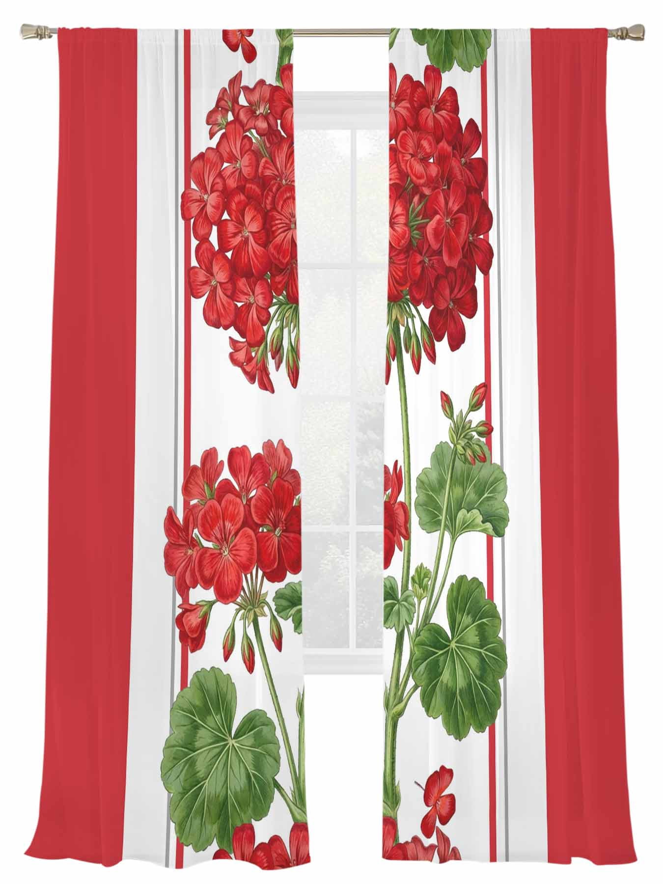 Spring Summer Floral Sheer Curtains 84 Inch Long 2 Panels, Red Flowers ...