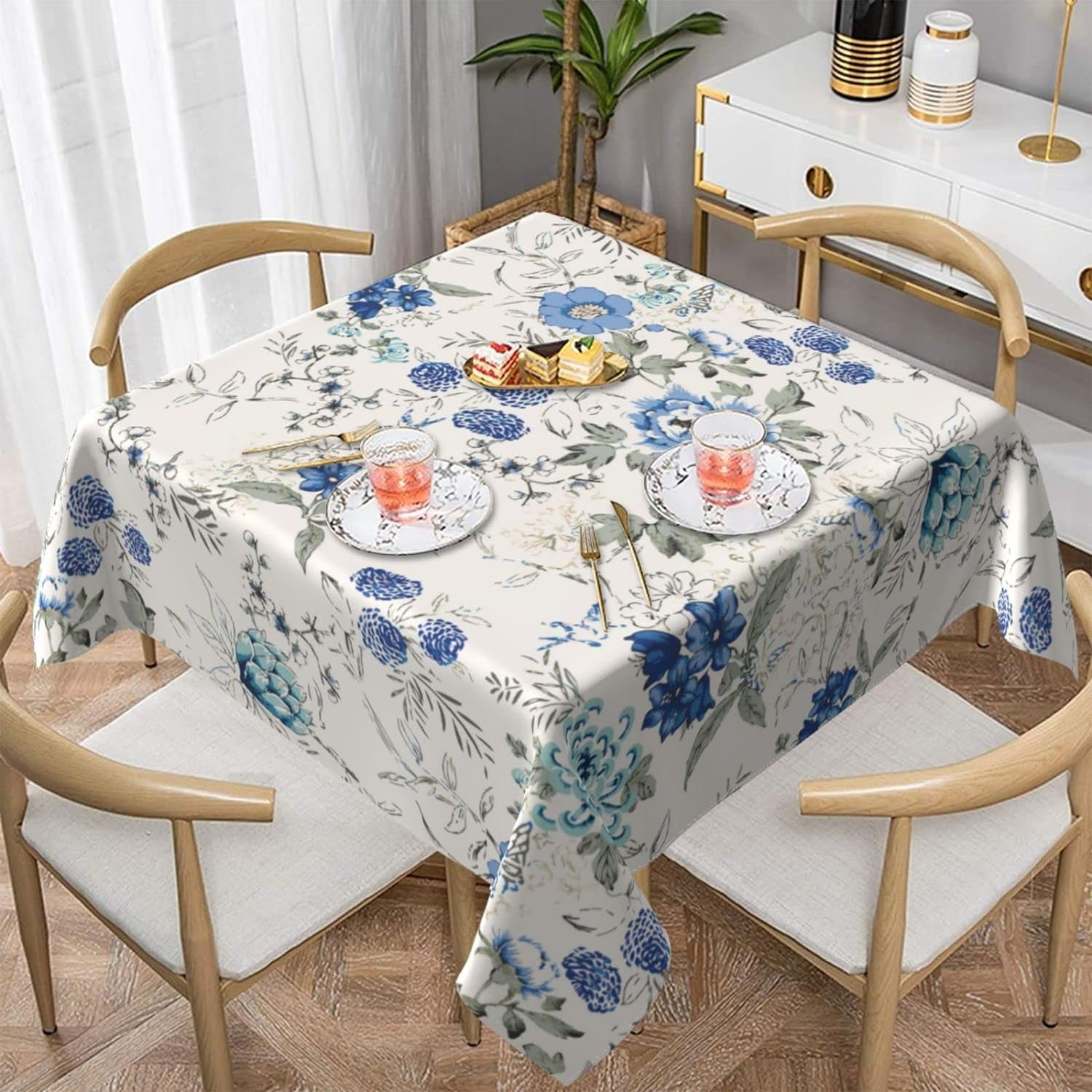 Spring Summer Floral Square Tablecloth 52x52 Inch Butterfly Bird Flower ...