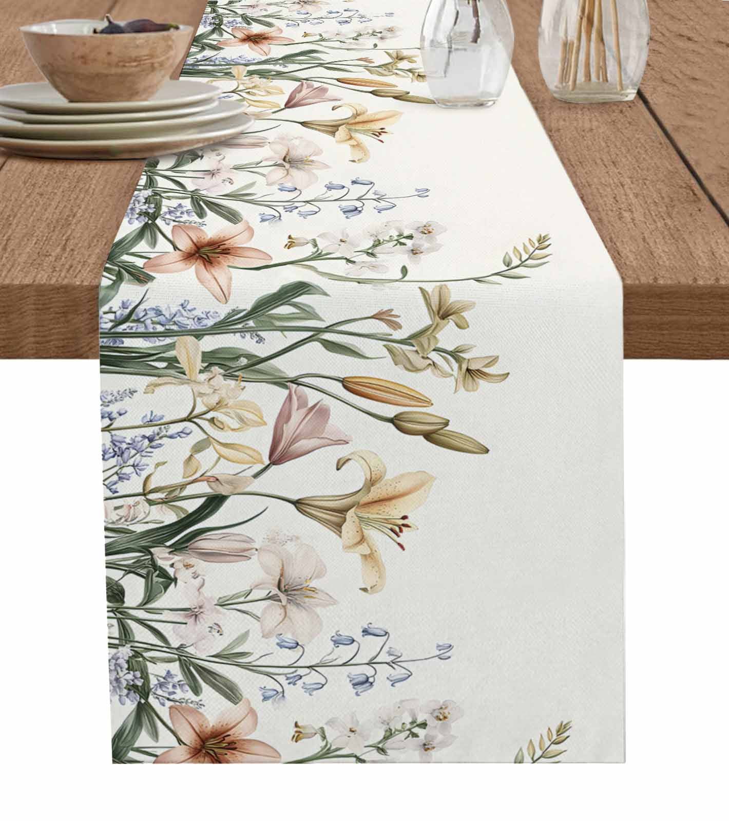 Spring Summer Floral Table Runner 70 Inches, Farmhouse Botanical Leaves ...