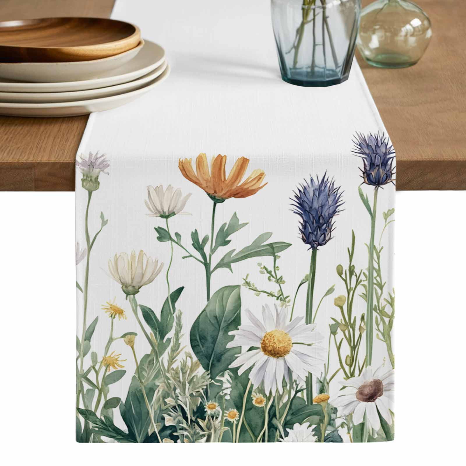Spring Summer Floral Table Runner, Farmhouse Botanical Flowers Washable ...