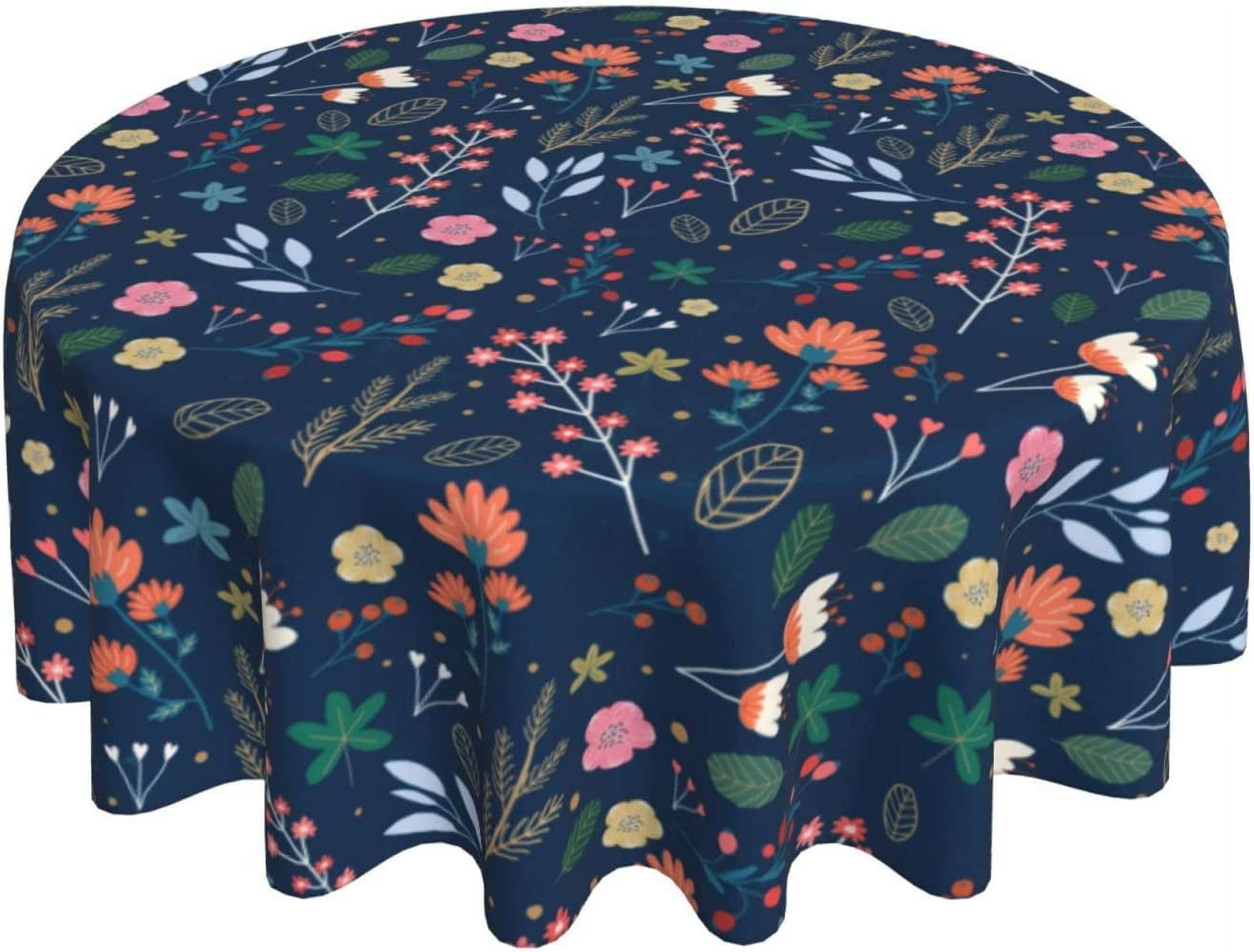 Spring Summer Floral Tablecloth Round 60 Inch Farmhouse Navy Blue ...