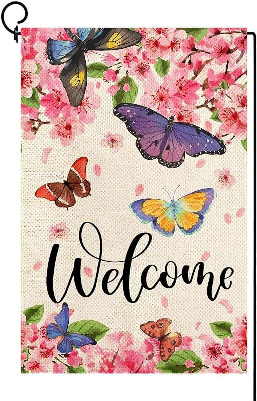 Spring Summer Floral Welcome House Flag Outdoor Butterfly Sakura ...