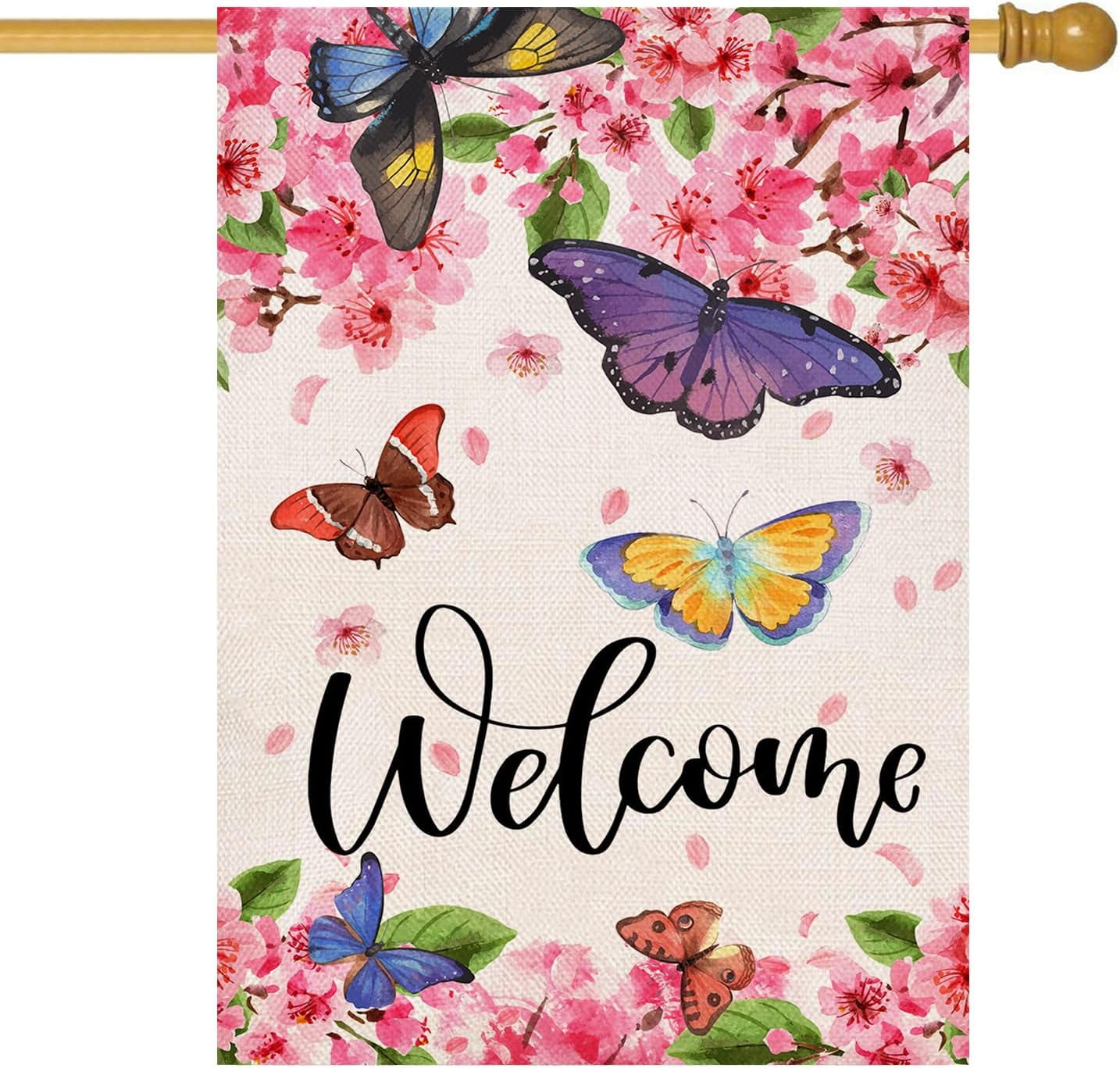 Spring Summer Floral Welcome House Flag Outdoor Butterfly Sakura ...