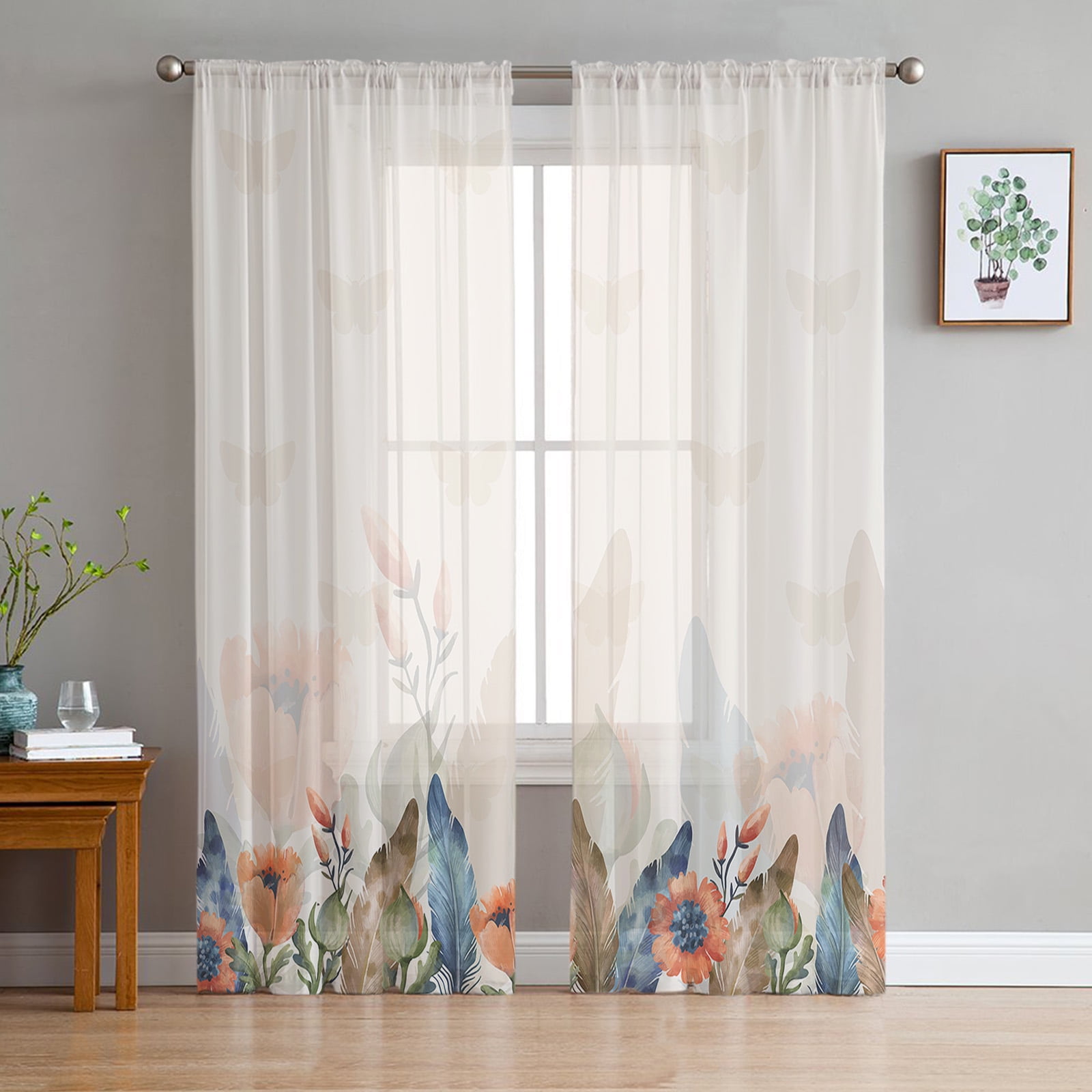 Spring Summer Flower Butterfly Sheer Curtains for Living Room Printed ...