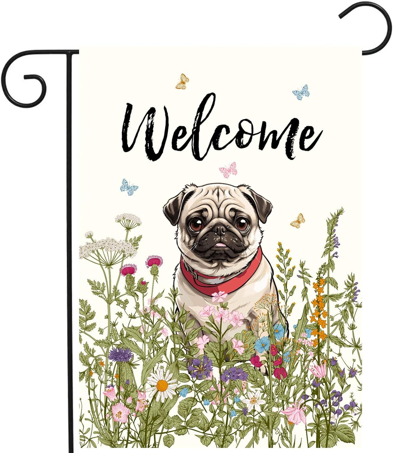 Spring Summer Flower Garden Flag Pug Outdoor Flag Floral Dog Garden ...
