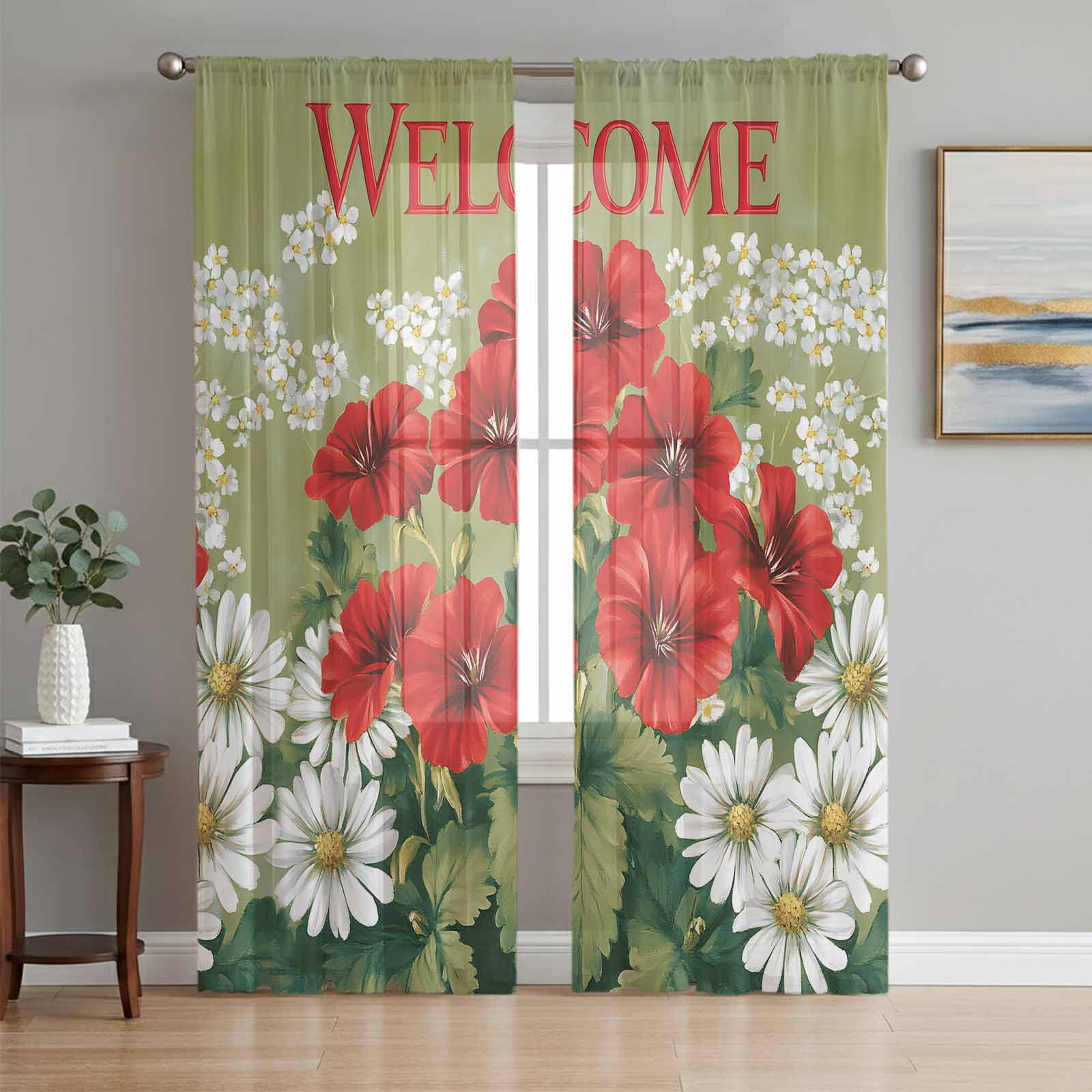 Spring Summer Flower Sheer Curtains 72 Inch Length 2 Panels Set ...