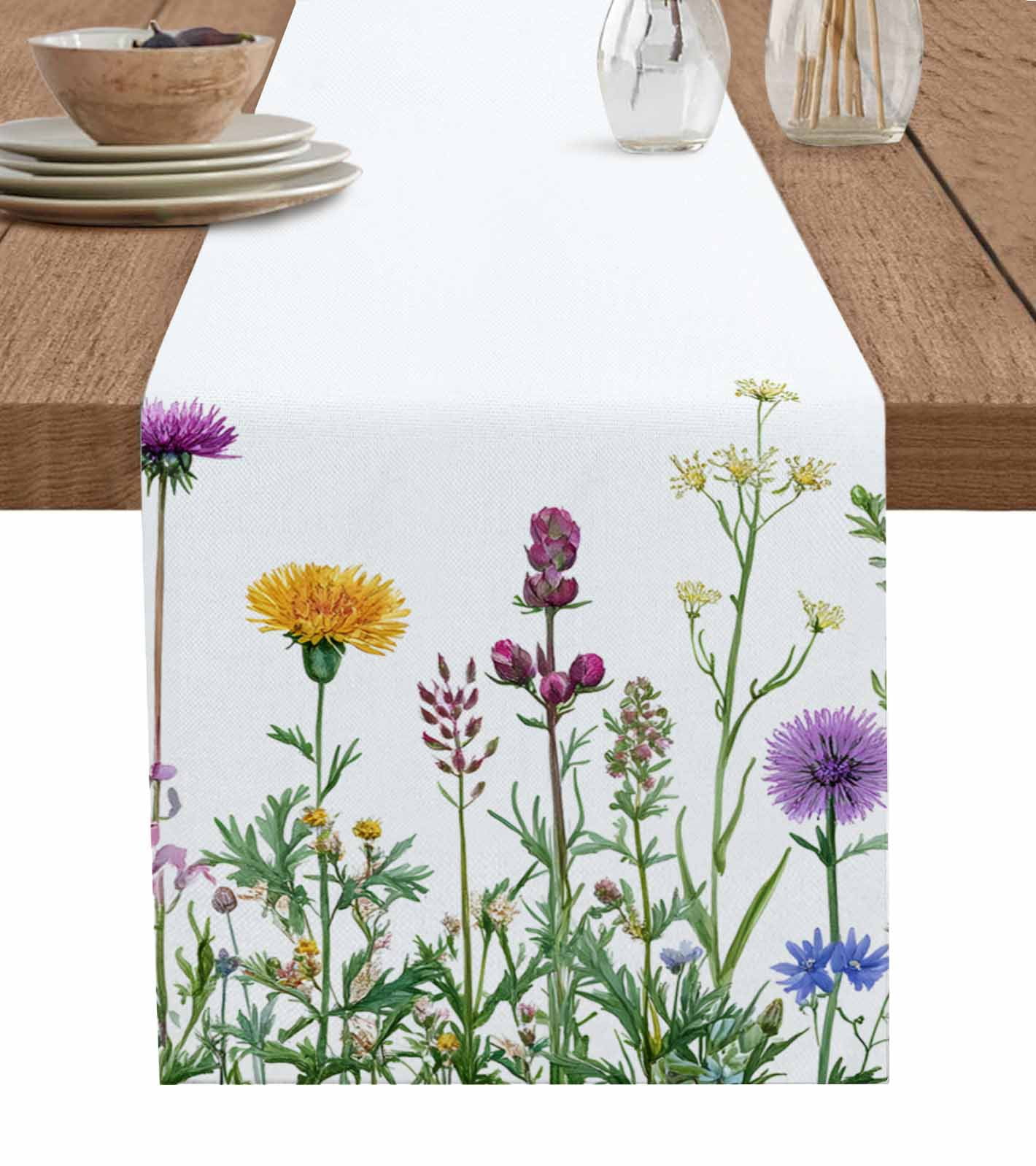 Spring Summer Flowers Burlap Cotton Table Runner 13x70 Inches Long ...