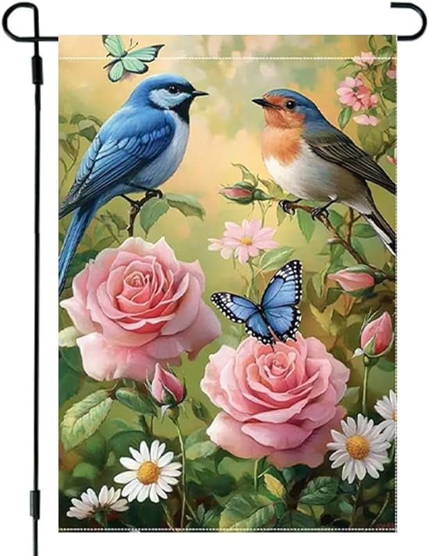 Spring Summer Garden Flag 12x18 Double Sided, Blue Bird Flowers ...