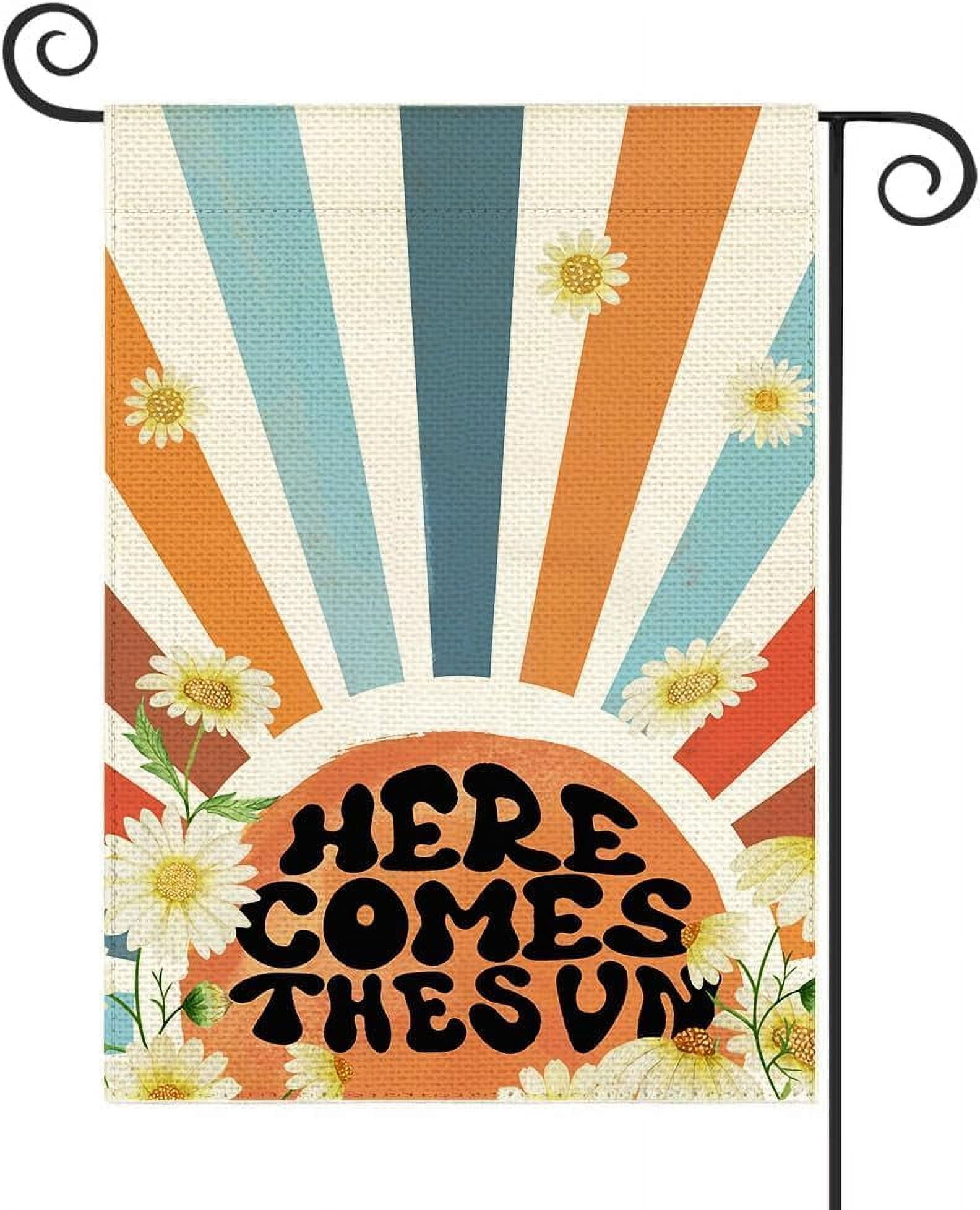 Spring Summer Garden Flag Here Comes The Sun Vintage Retro Daisy Double ...