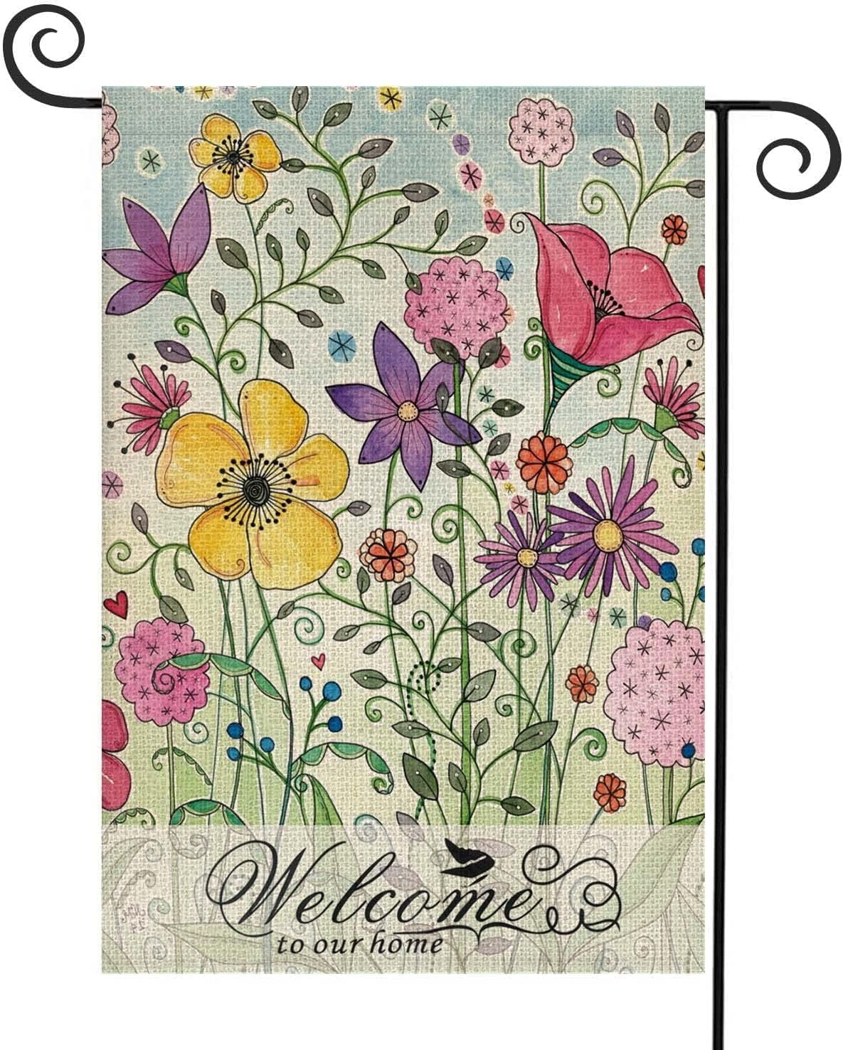 Spring Summer Garden Flag Welcome to Our Home Watercolor Flower Floral ...