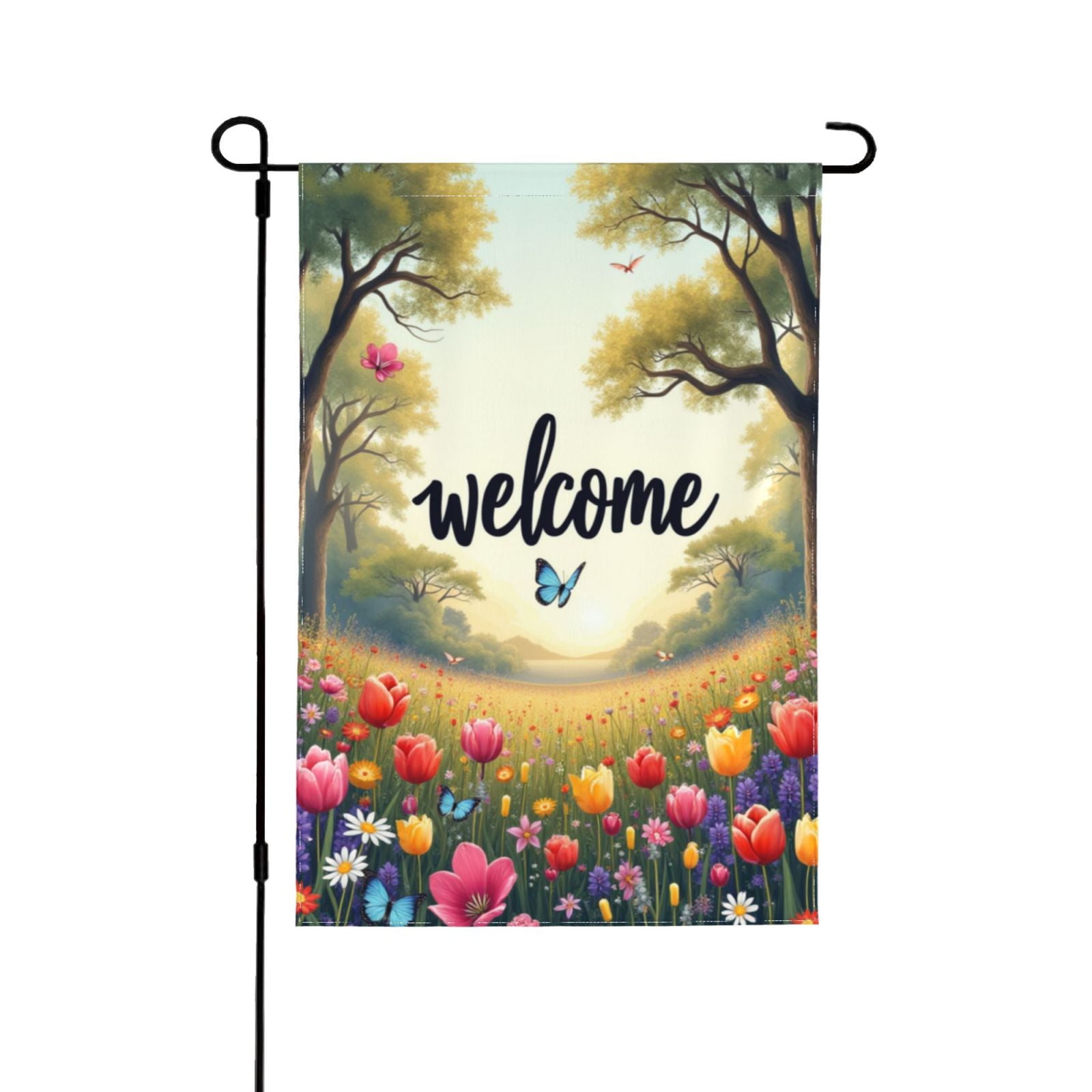 Spring Summer Garden Flag Welcome Outside A Field Of Wildflowers Trees ...