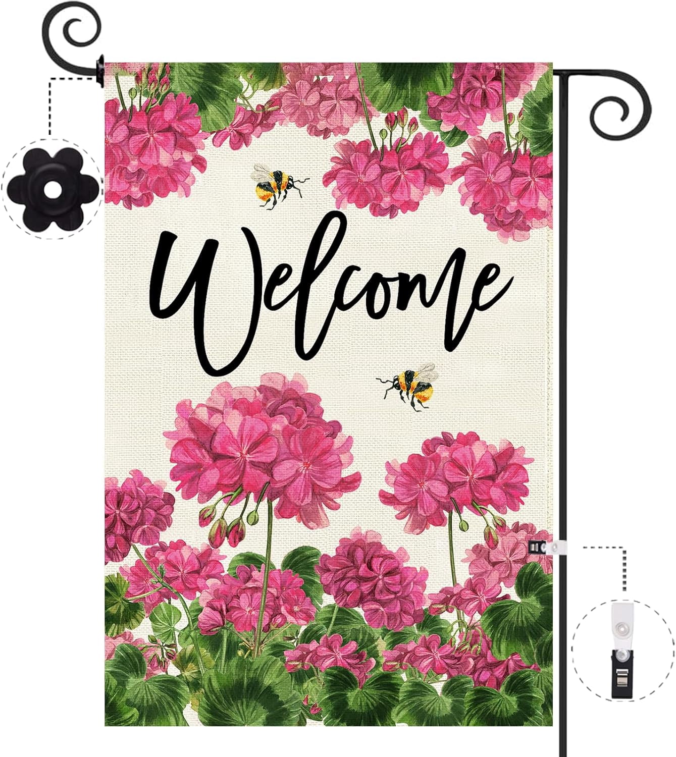 Spring Summer Geranium Welcome Garden Flag Double Sided Burlap with ...