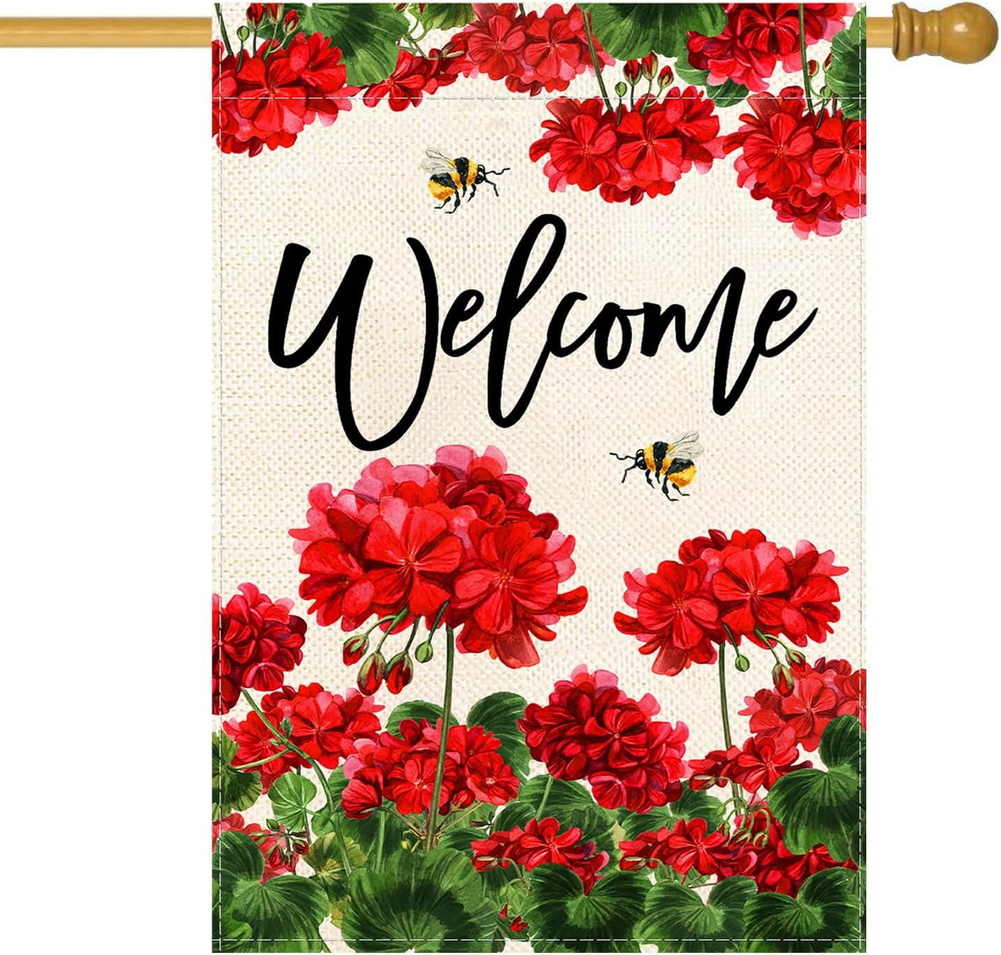 Spring Summer Geranium Welcome House Flag Double Sided Summer Bee Red ...