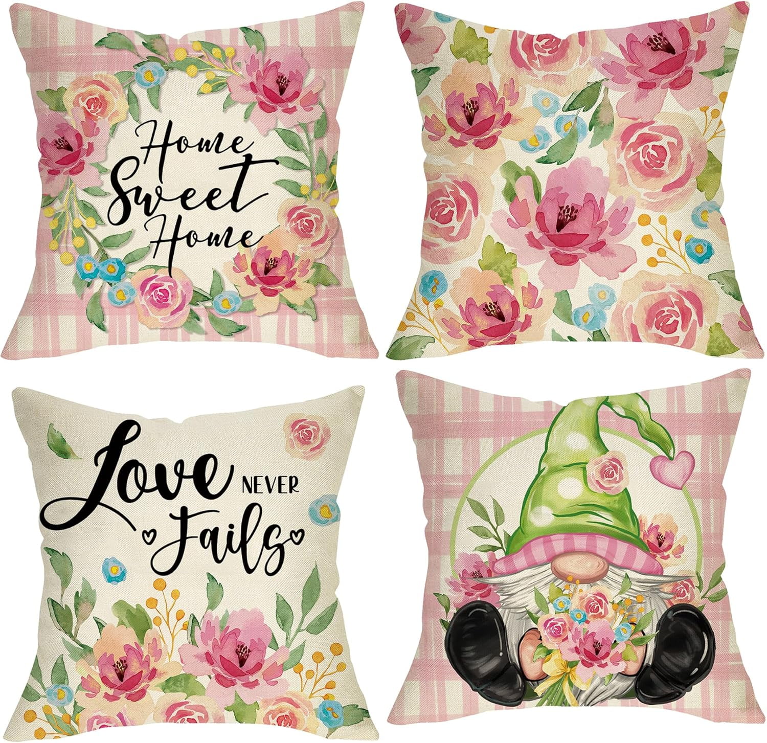 Spring Summer Gnome Flower Decorative Throw Pillow Covers 18 x 18 Set ...