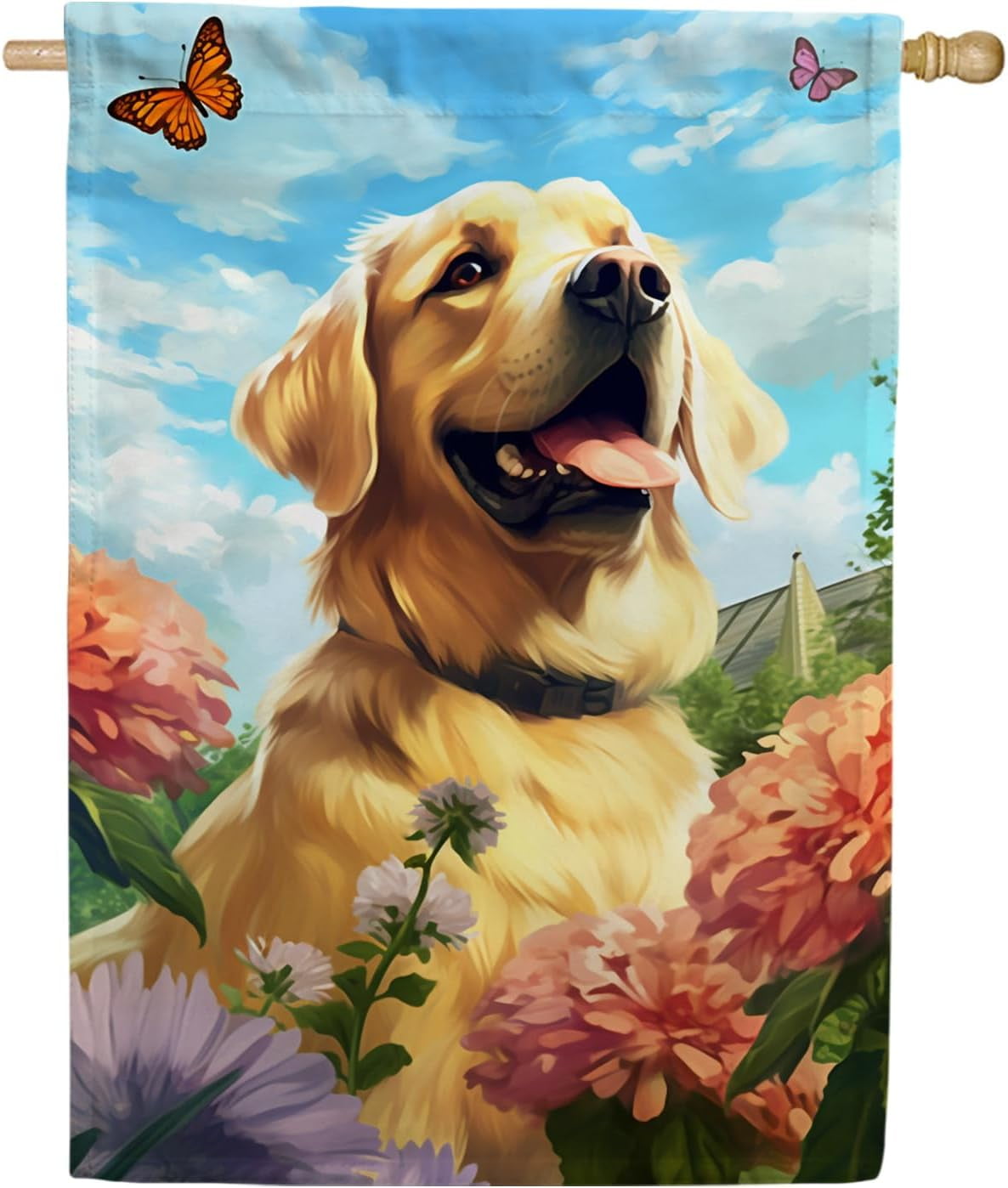 Spring Summer Golden Retriever Dog House Flag Double Sided Puppy Golden ...
