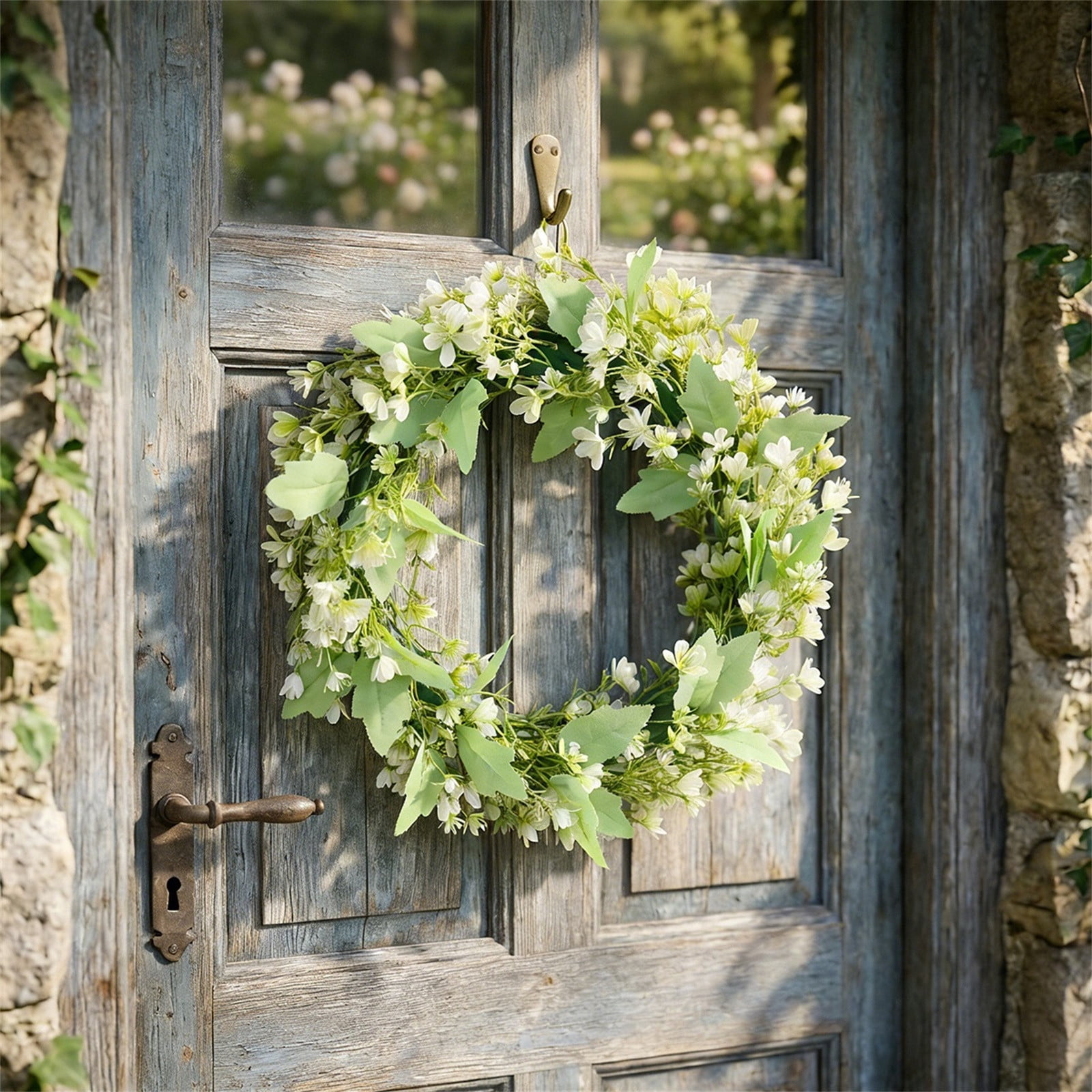 Spring Summer Green & White Floral Wreath, Natural Rattan Circle Door ...