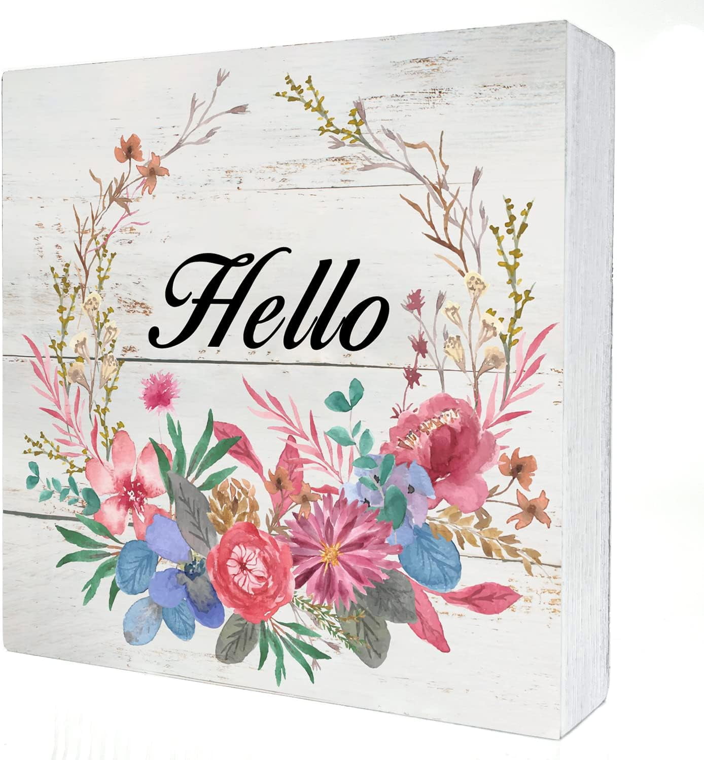 Spring Summer Hello Wood Box Sign Home Decor Rustic Floral Hello Wooden ...