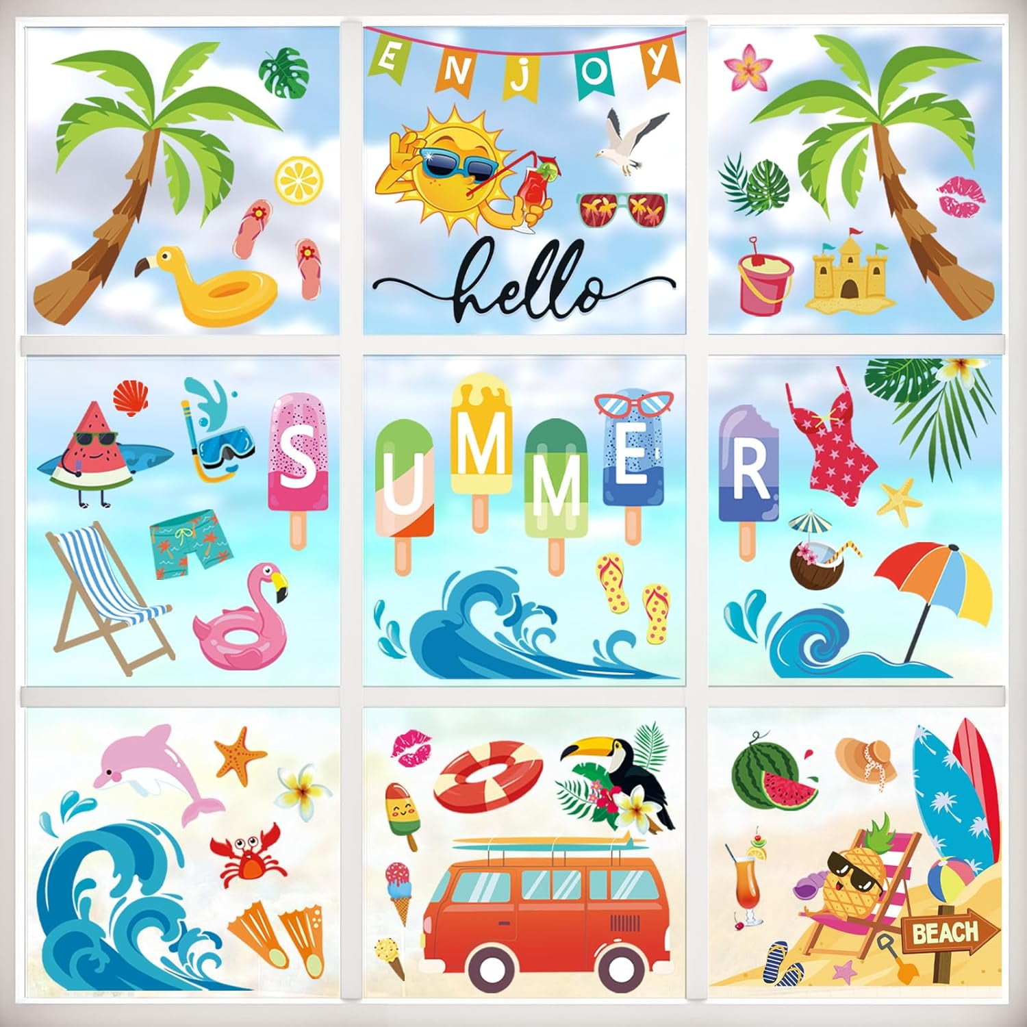 Spring Summer Kids Colorful Flower Window Clings Birds Floral Glass ...