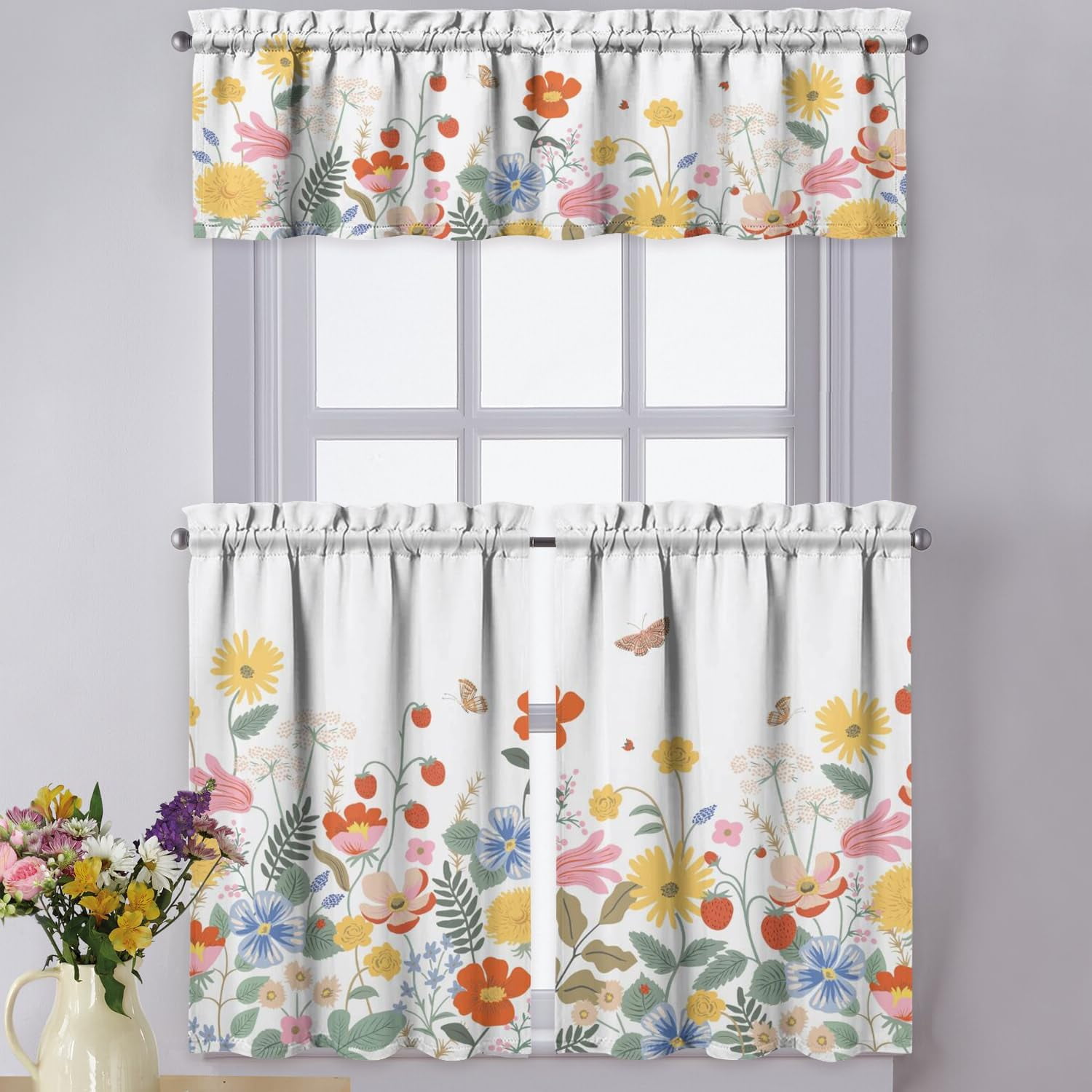 Spring Summer Kitchen Curtains Valances 3 Piece Set,Boho Strawberry ...