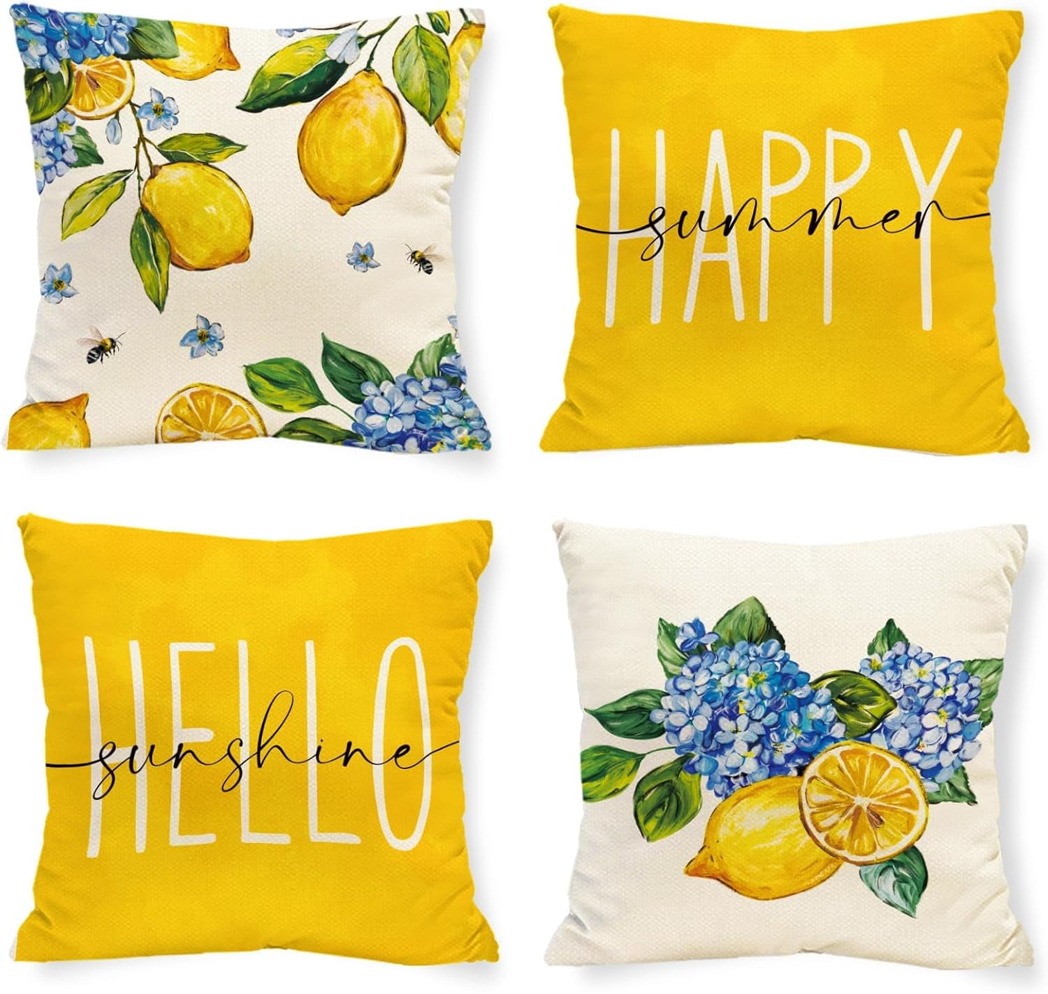 Spring Summer Lemon Fruit Pillow Covers Blue Hydrangea 20 x 20 Inch ...