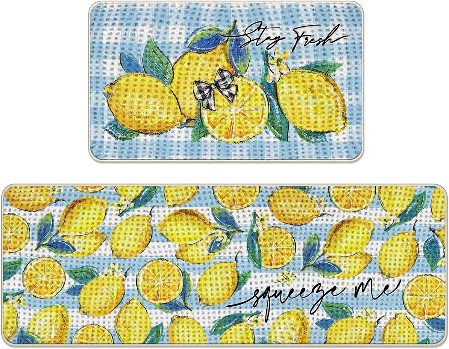 Spring Summer Lemon Kitchen Rugs Set of 2, Stay Fresh Fruit Blue Plaid ...