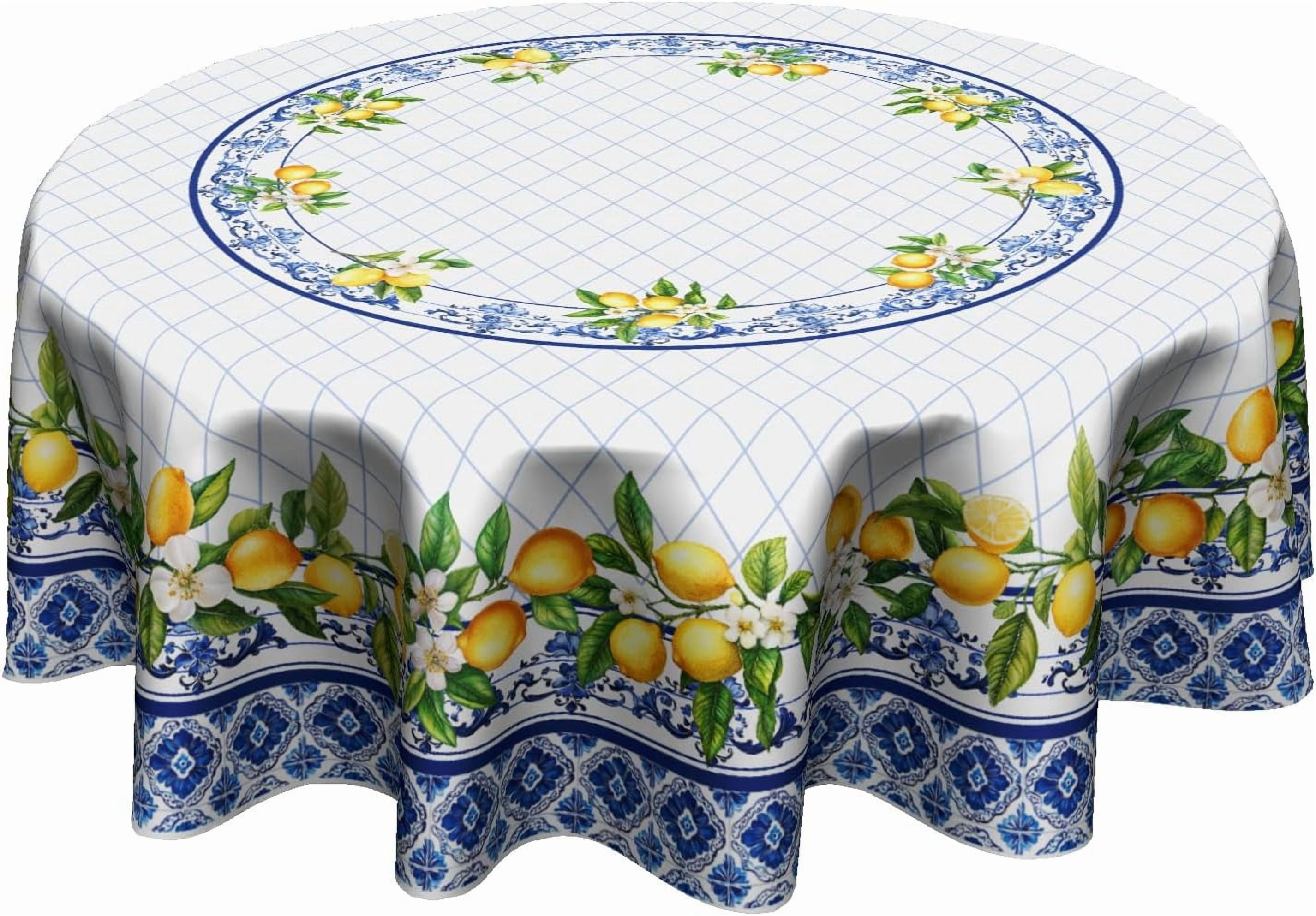 Spring Summer Lemon Round Tablecloth 60inch Blue Boho Tile Flowers ...