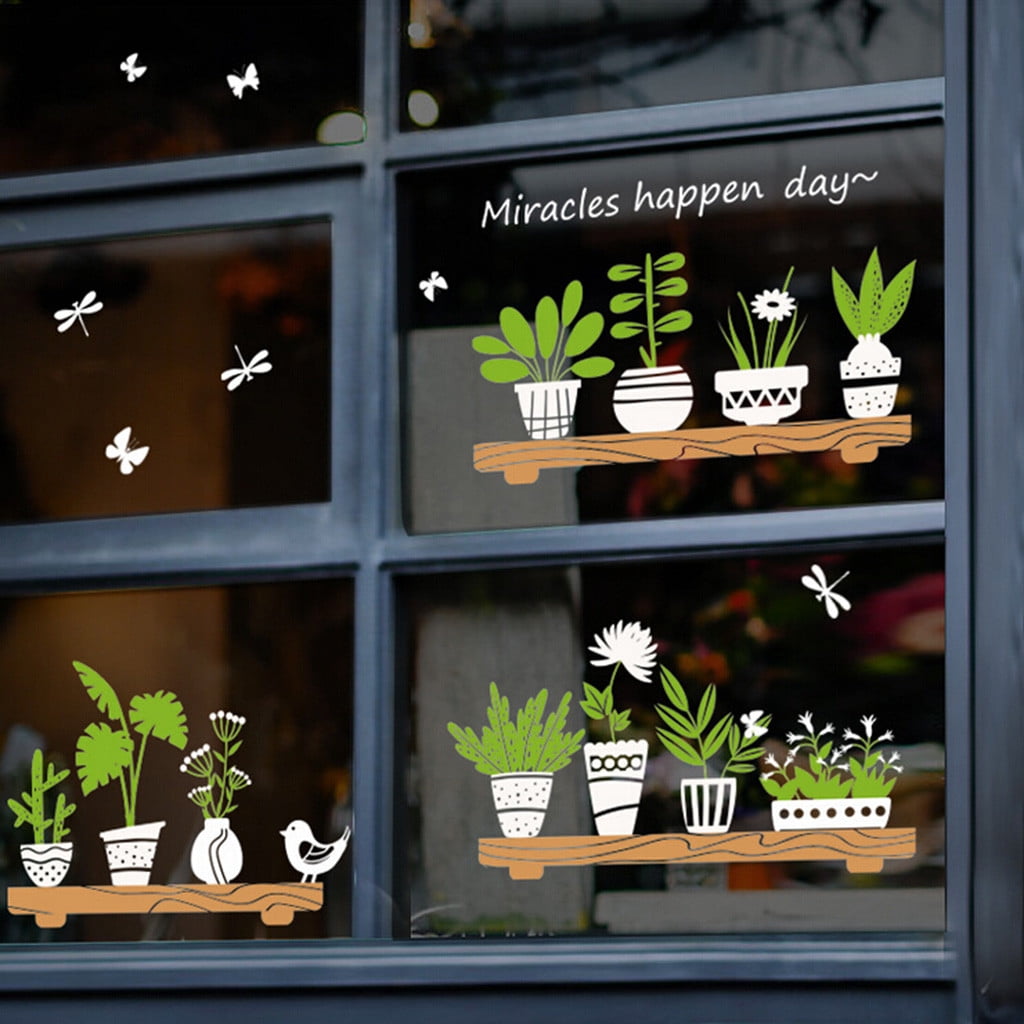 Spring Summer Potted Plant Window Clings 9 Sheets, Cactus Succulent ...