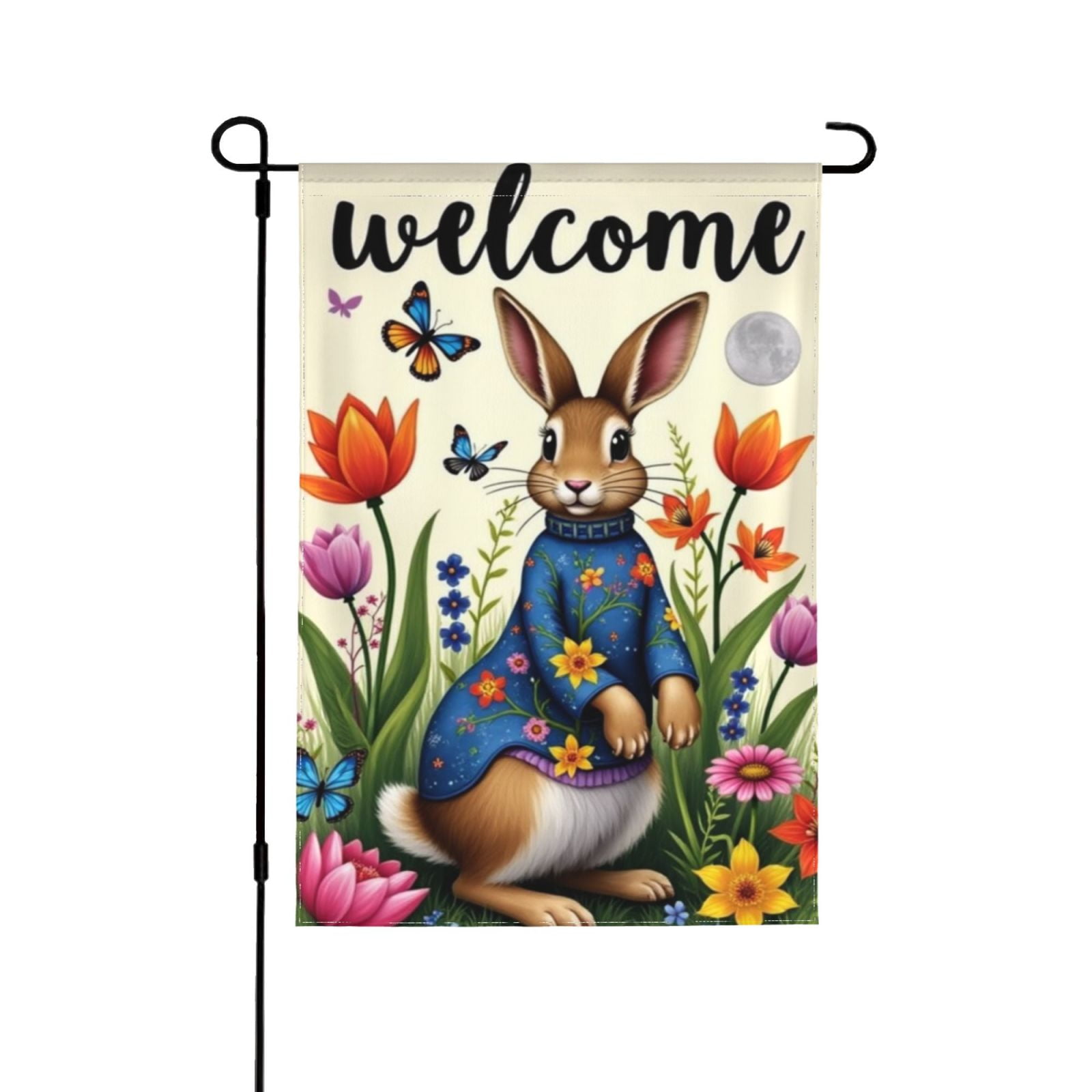 Spring Summer Rabbit Garden Flag Welcome Outside Rabbit In Blue Dress ...