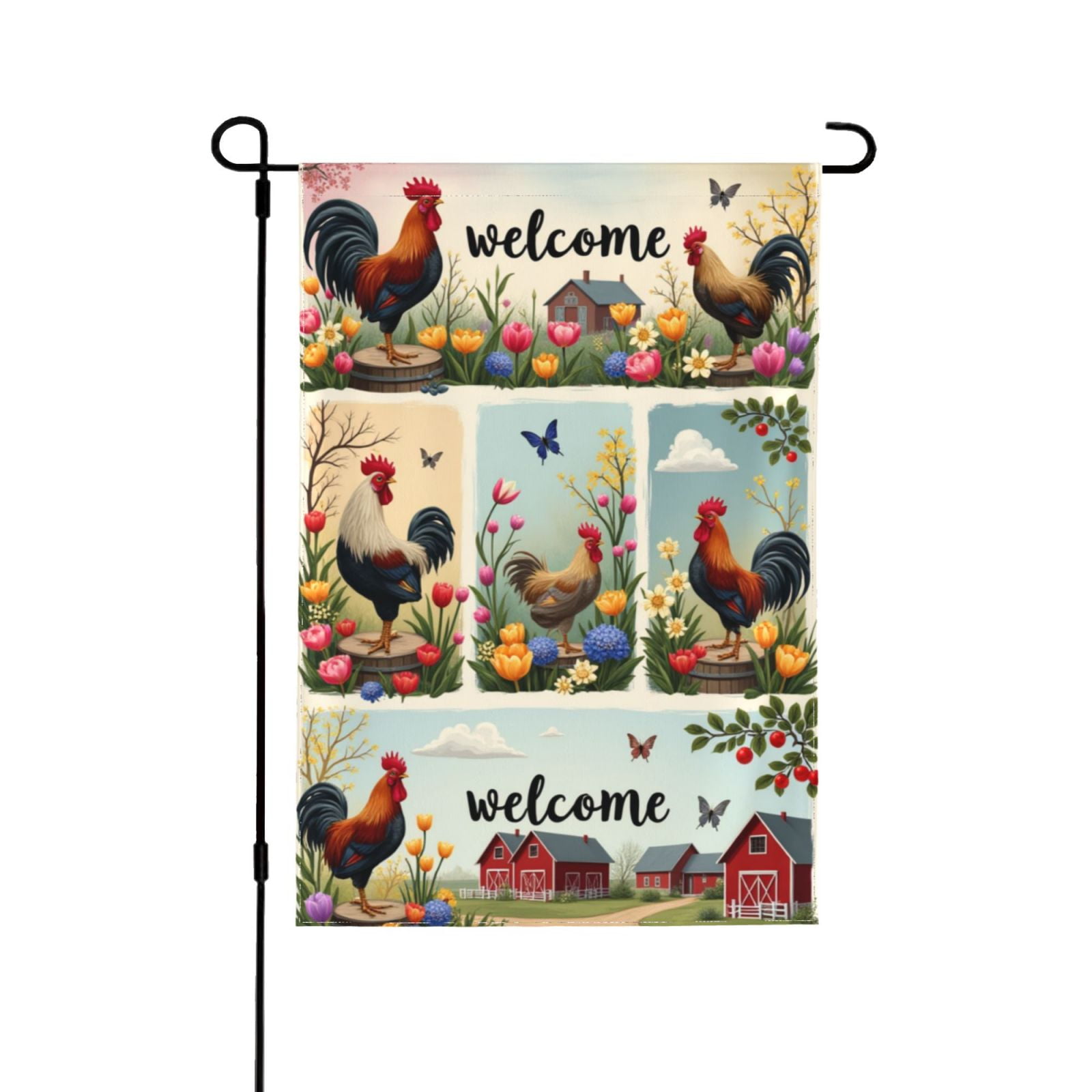 Spring Summer Roosters Garden Flag Welcome For Outside A Collage Of ...