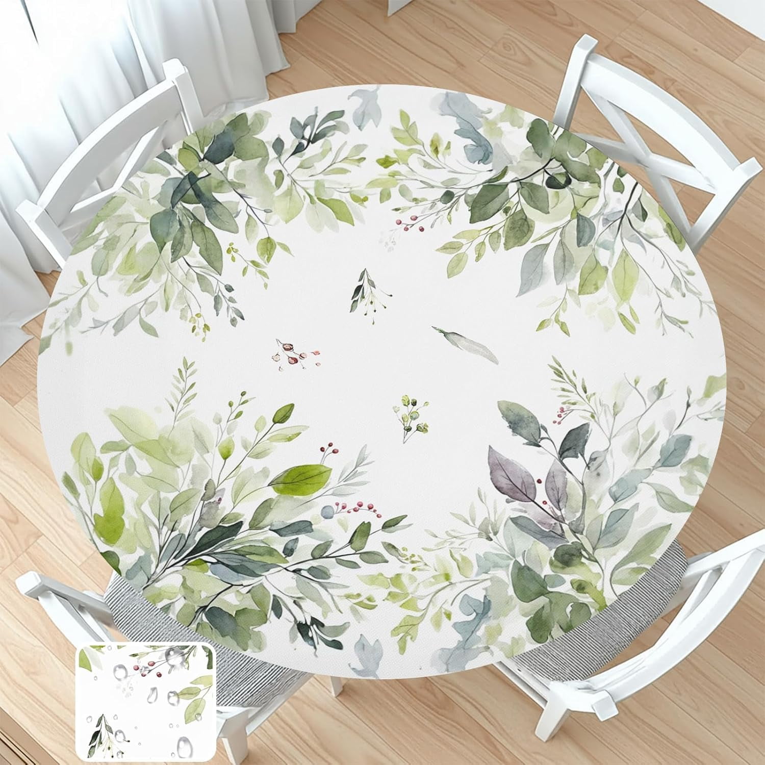 Spring Summer Round Fitted Tablecloth with Elastic Sage Green Leaf ...