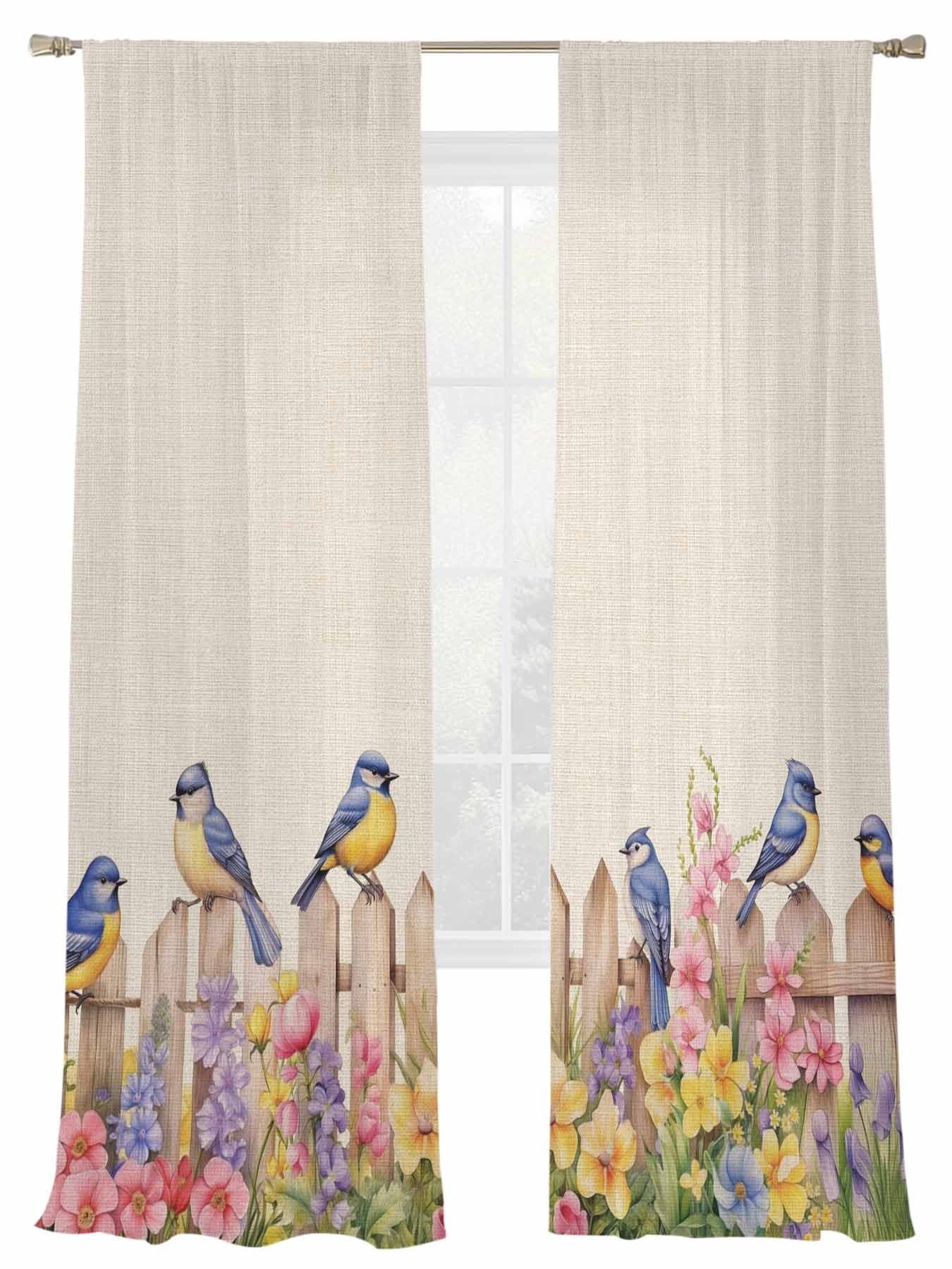 Spring Summer Sheer Curtains 2 Panels Set Rural Farmhouse Birds Flowers ...