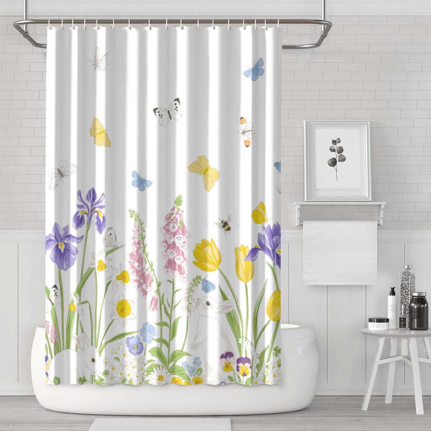 Spring Summer Shower Curtain, Floral Butterfly Shower Curtains for ...