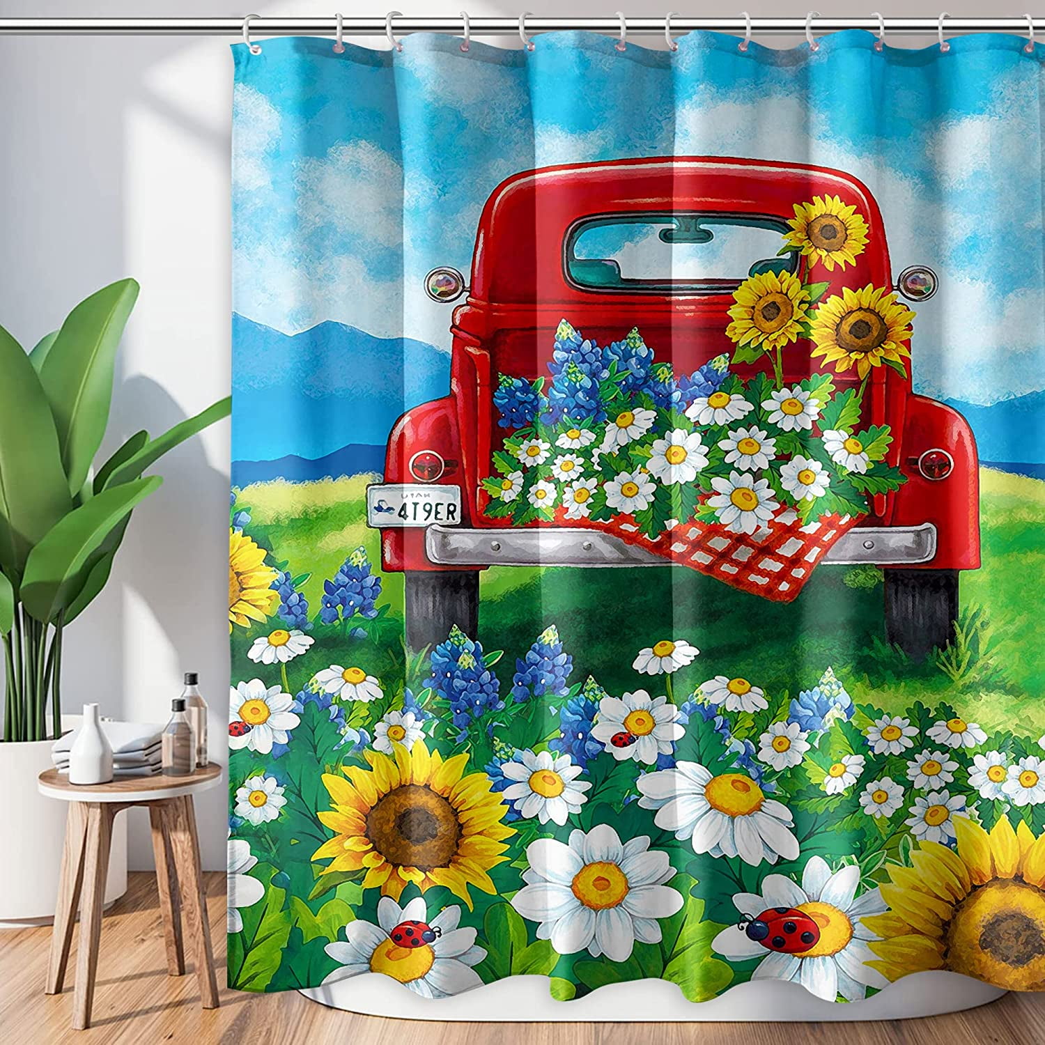 Spring Summer Shower Curtain, Floral Truck Daisy Shower Curtains for ...