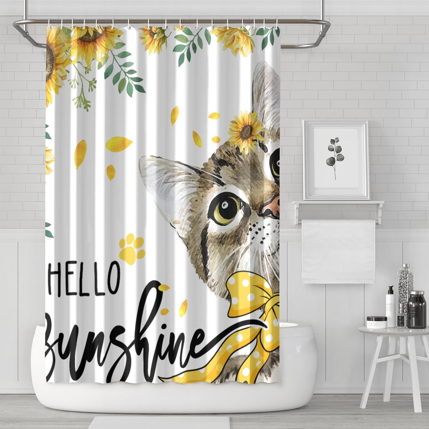 Spring Summer Shower Curtain, Hello Sunshine Cat Shower Curtains for ...