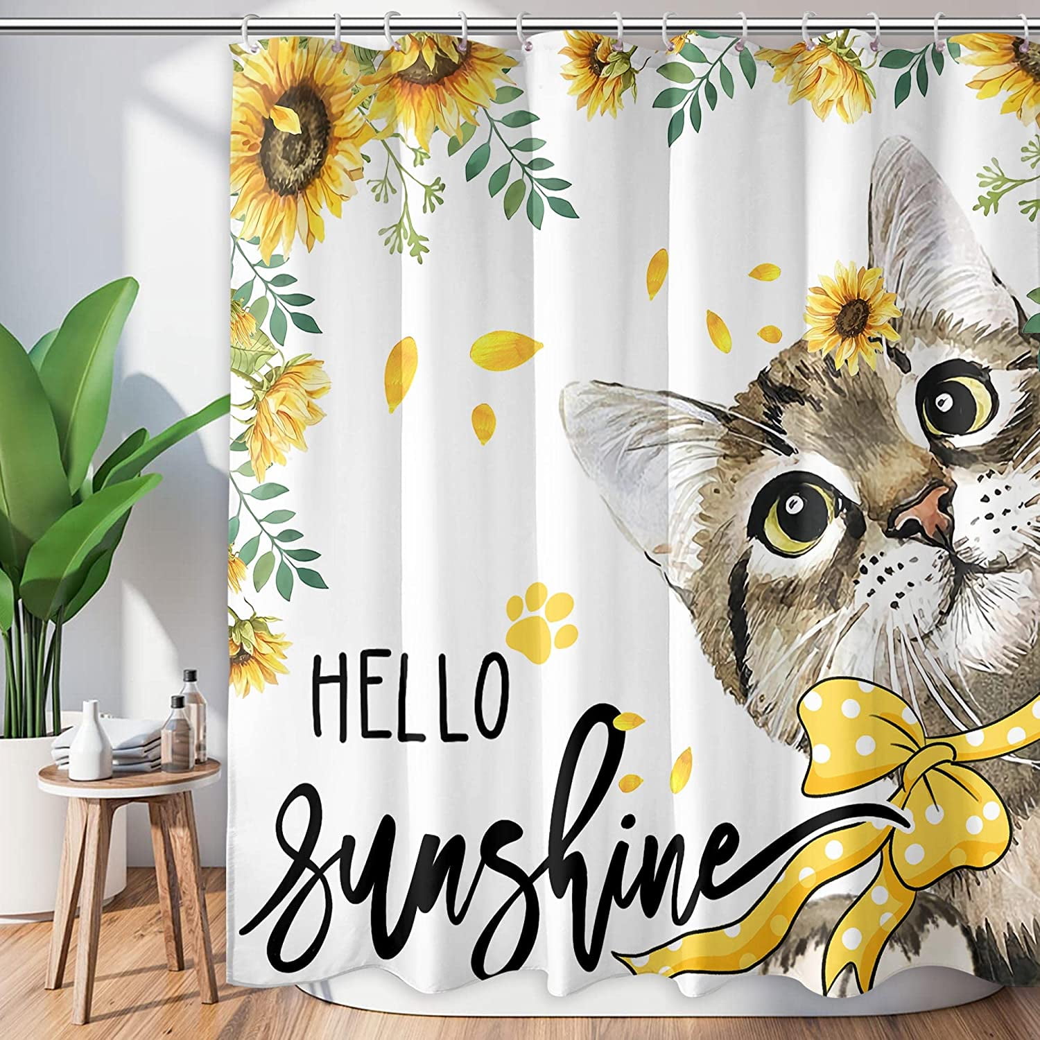 Spring Summer Shower Curtain, Hello Sunshine Cat Shower Curtains for ...