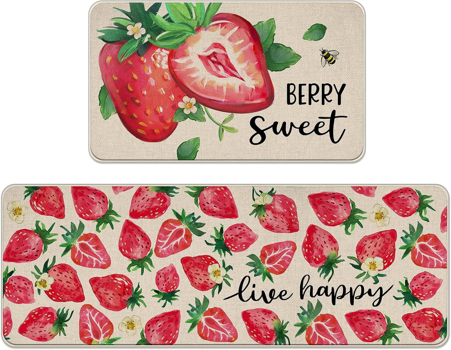 Spring Summer Strawberry Kitchen Rugs Set of 2, Berry Sweet Fruit Bee ...