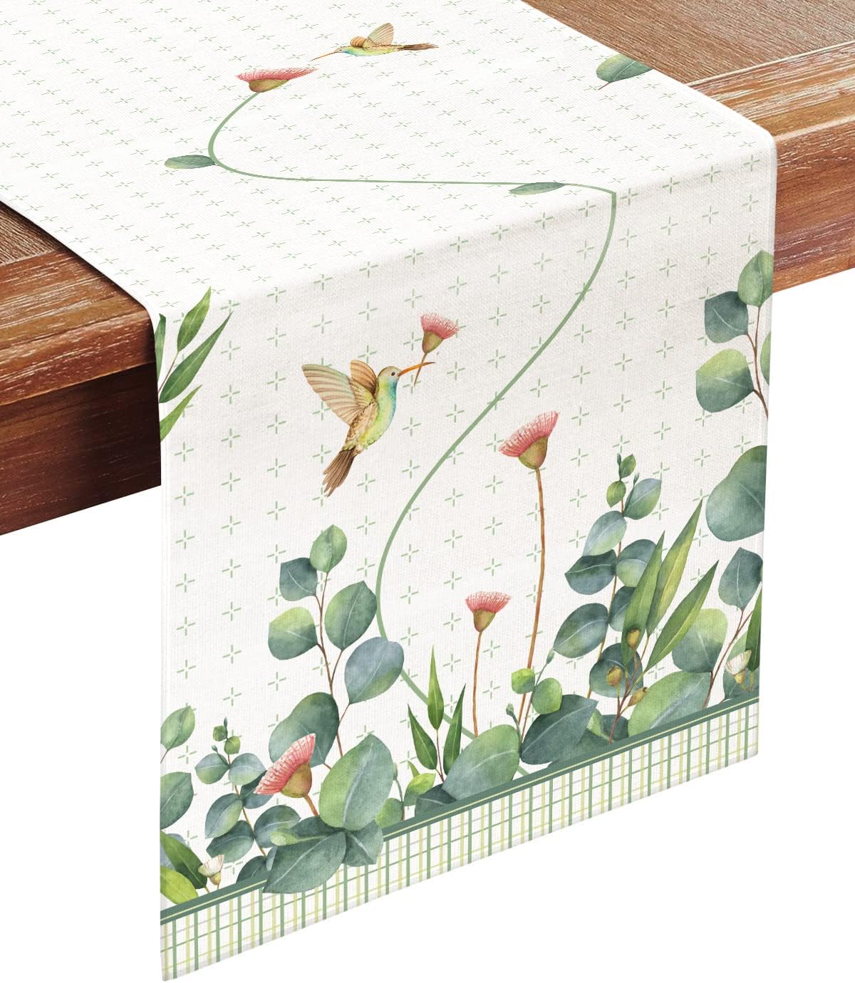 Spring Summer Style Table Runner, Green Plants Hummingbirds Table ...